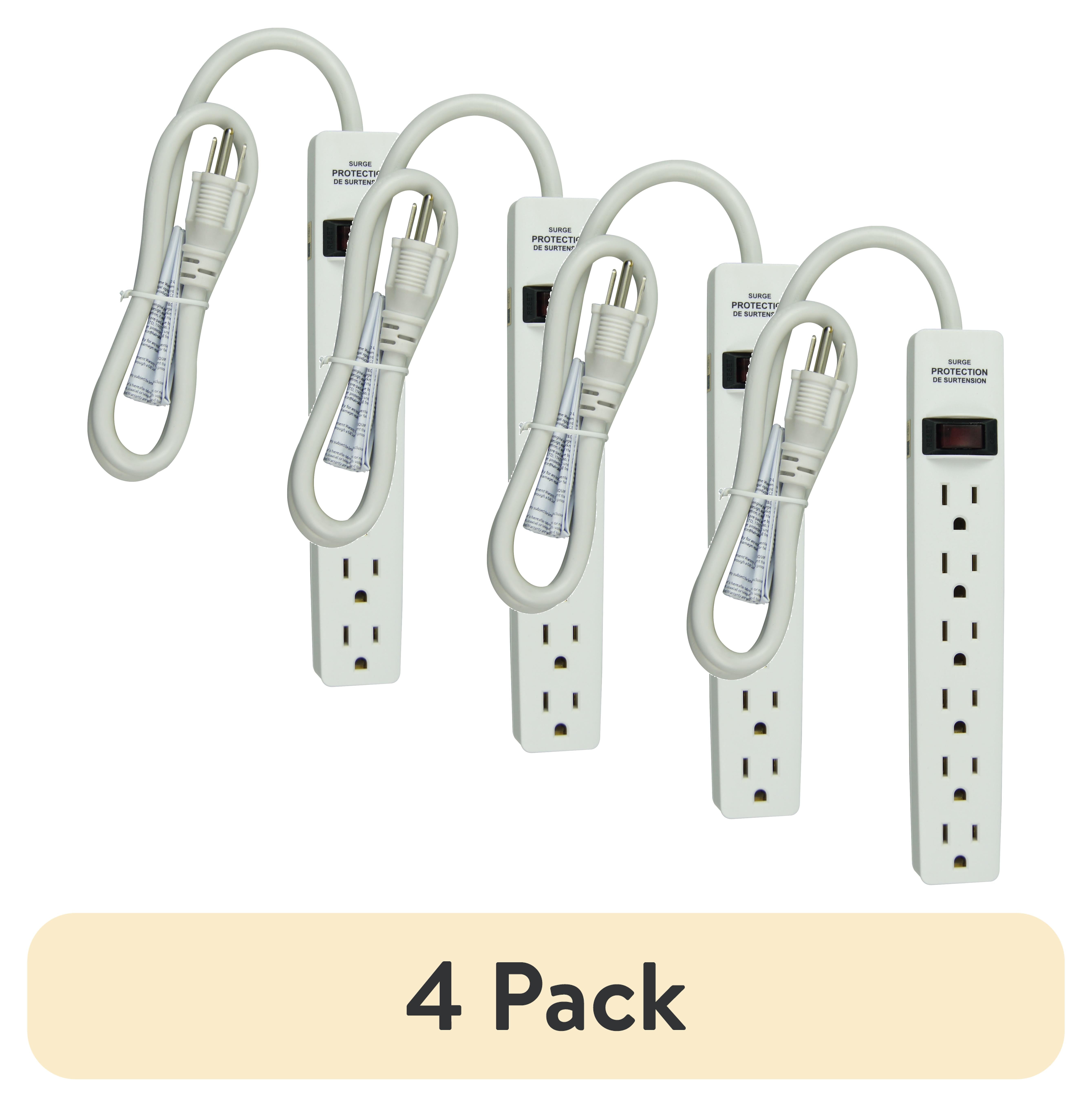 (4 pack) Hyper Tough 6-Outlet Surge Strip with 2.5 ft Cords 500-Joule ...