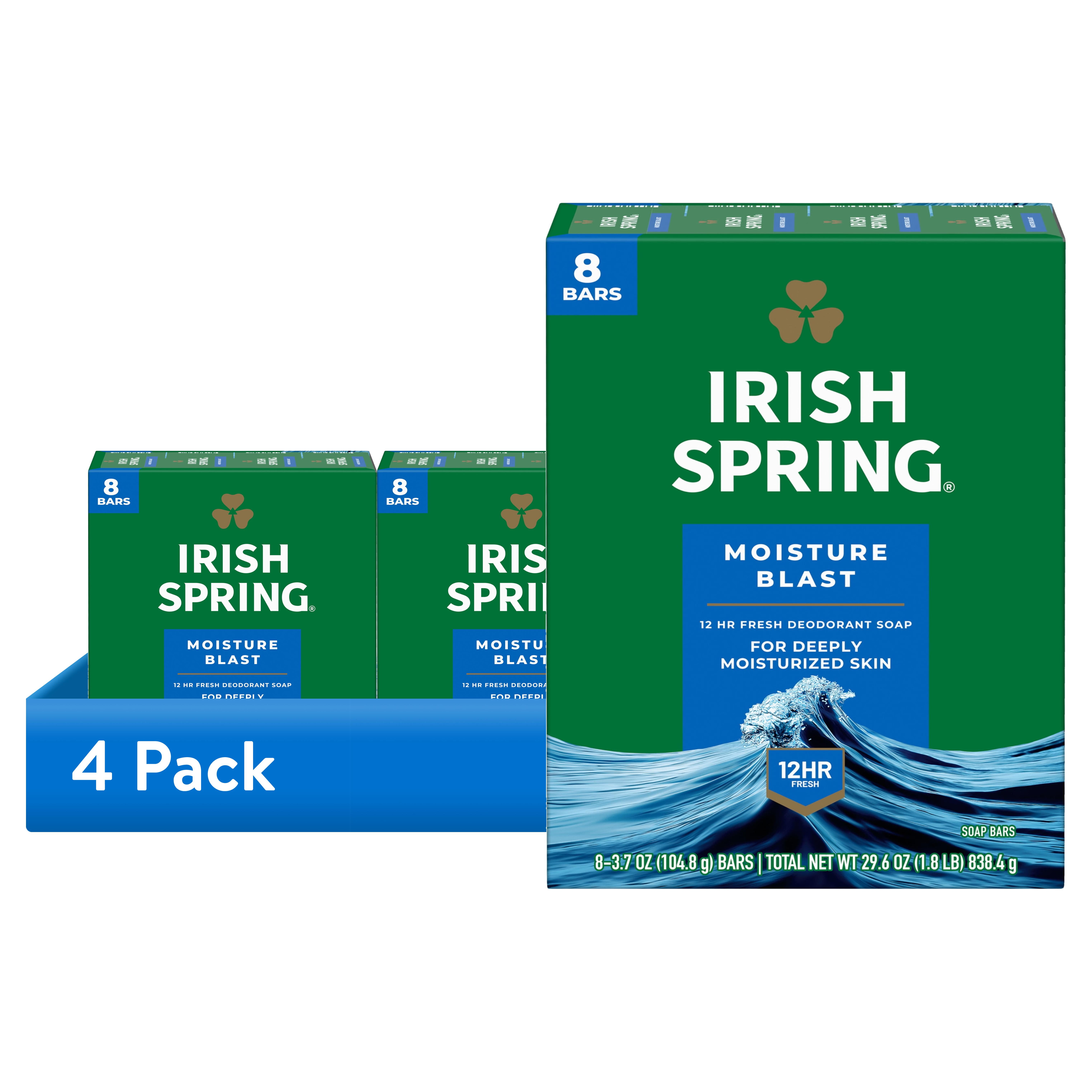 (4 pack) Irish Spring Moisture Blast Deodorant Bar Soap for Men, 3.7 oz ...