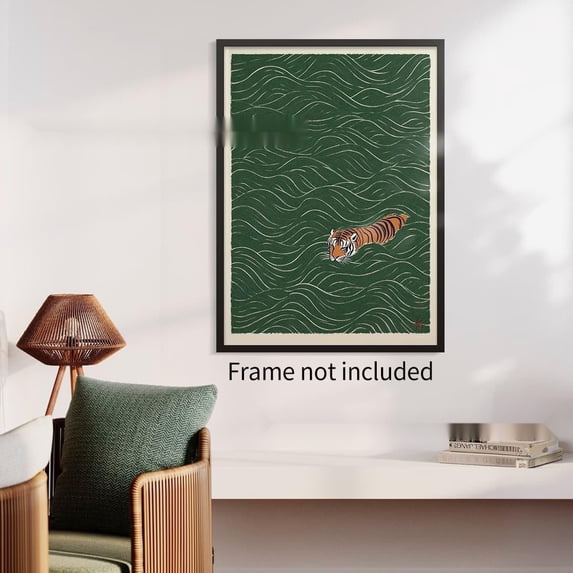 4-pack Japanese‑Style Swimming Tiger Wall Art Print, Green Wave ...