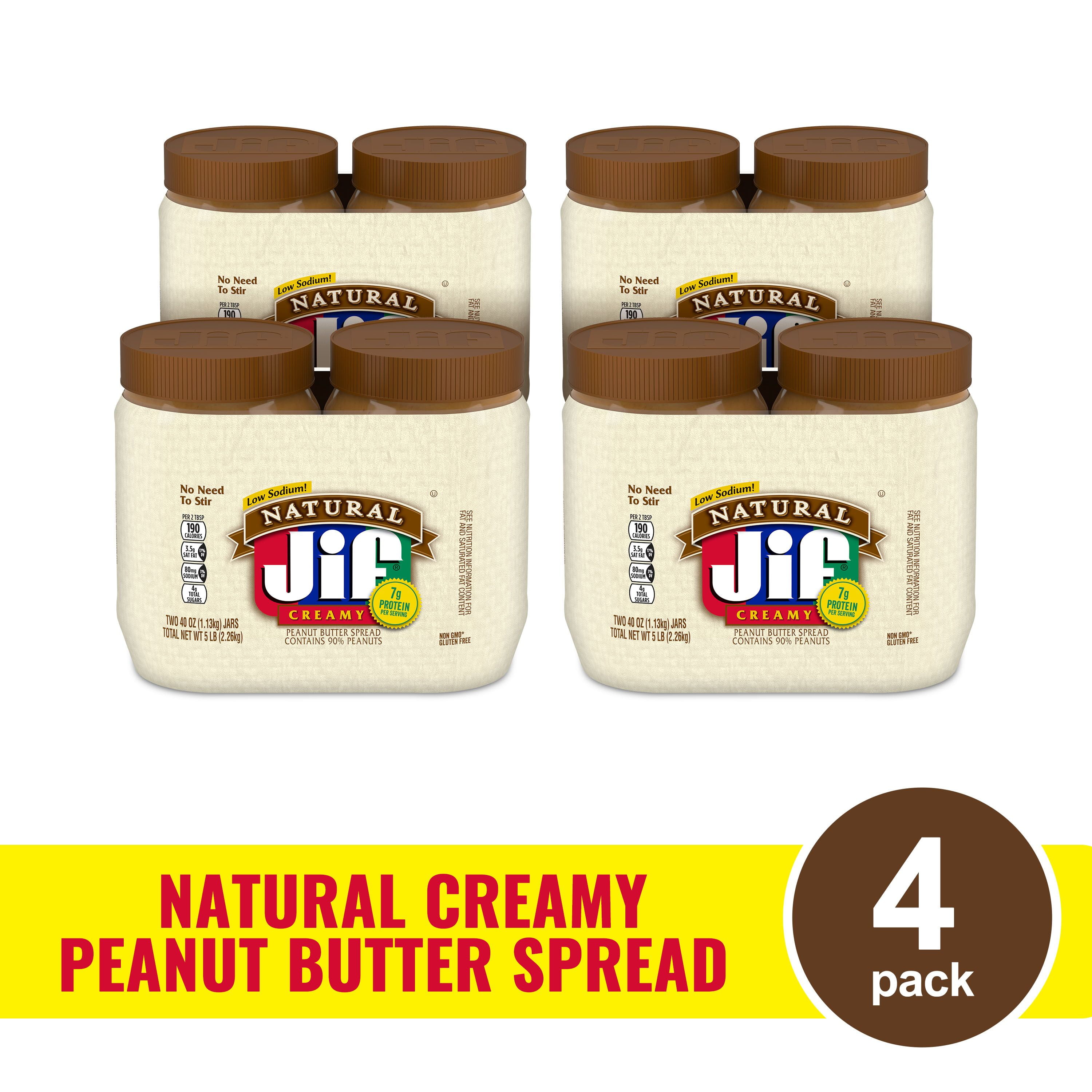 (4 pack) Jif Natural Creamy Peanut Butter Spread Twin Pack, 80-Ounce ...