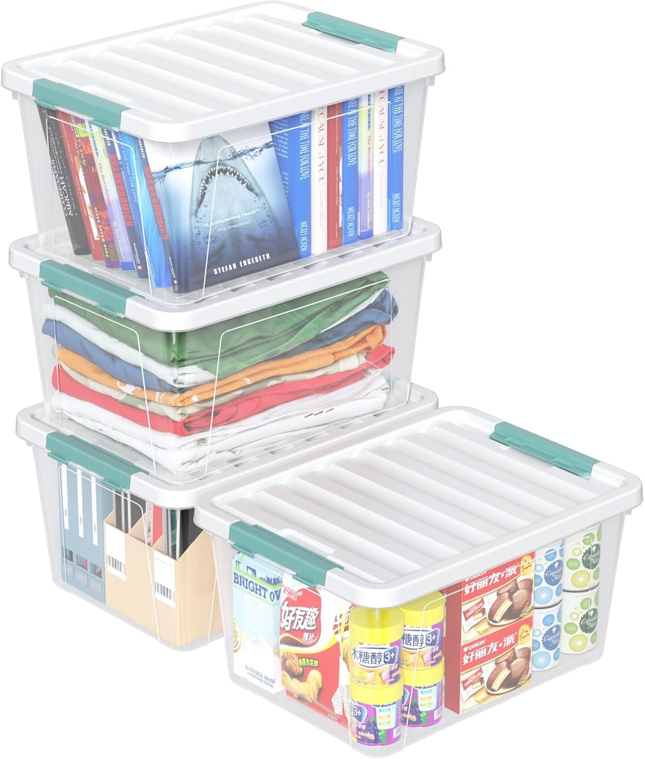 4-pack Large Latching Storage Boxes, 35 Quarts Clear Plastic Organizer ...