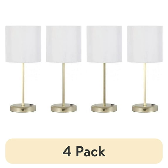 (4 pack) Mainstays 19" Modern Gold Stick Table Lamp with White Fabric ...