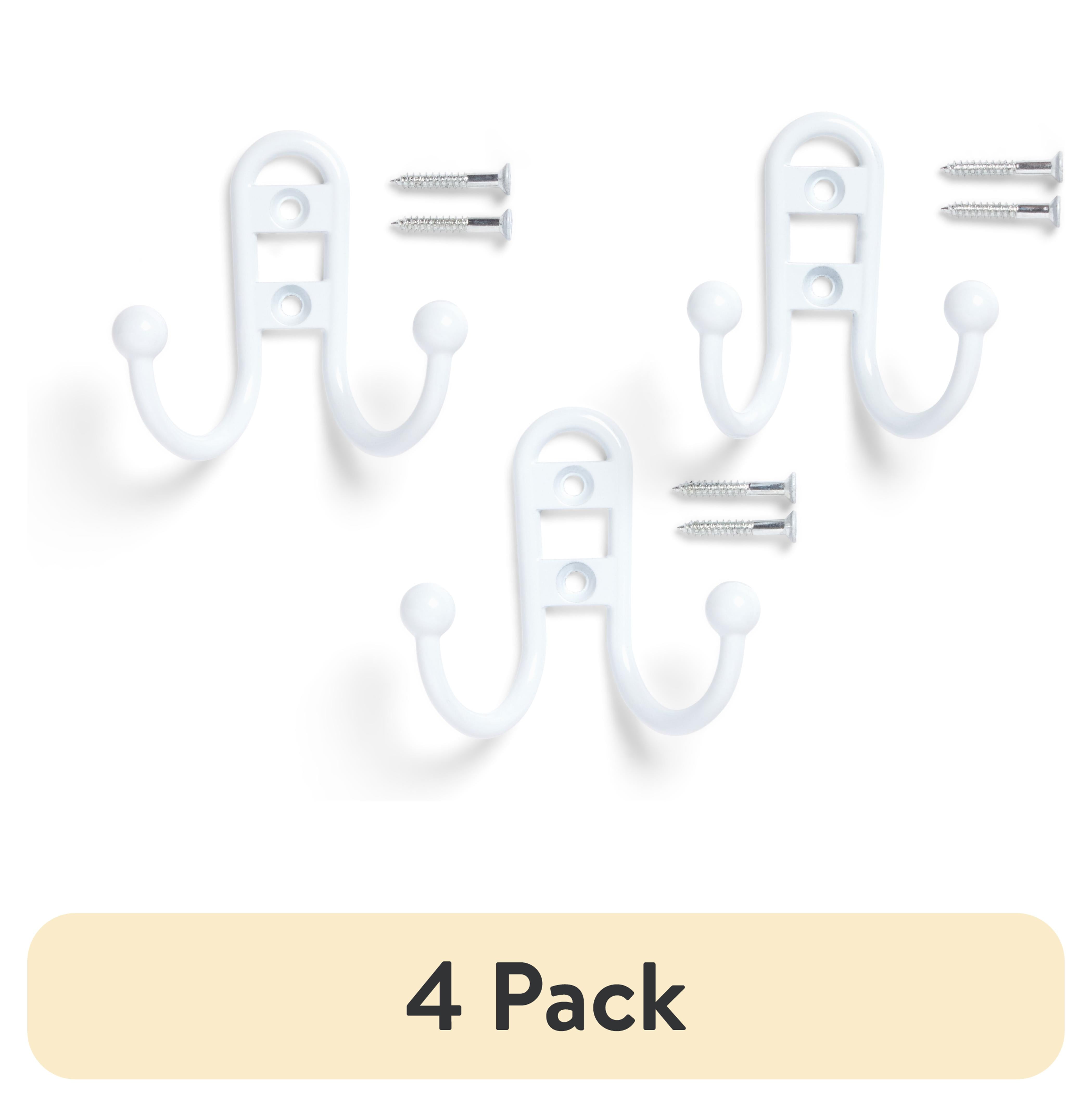 (4 pack) Mainstays, Double Hook White Metal Hooks, Clutter-Free Hooks for Hanging Towels and ...