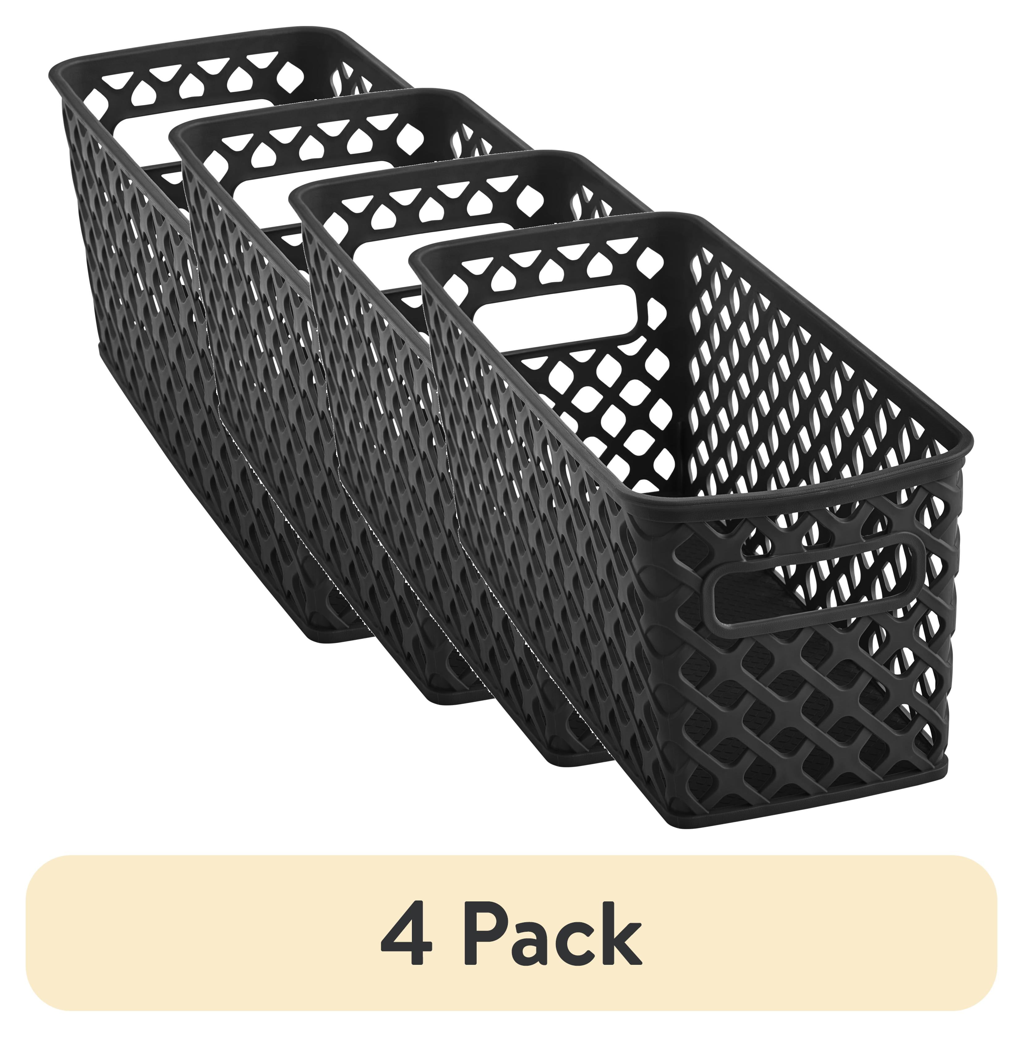 (4 pack) Mainstays Narrow Black Decorative Plastic Storage Basket, 13.6 ...