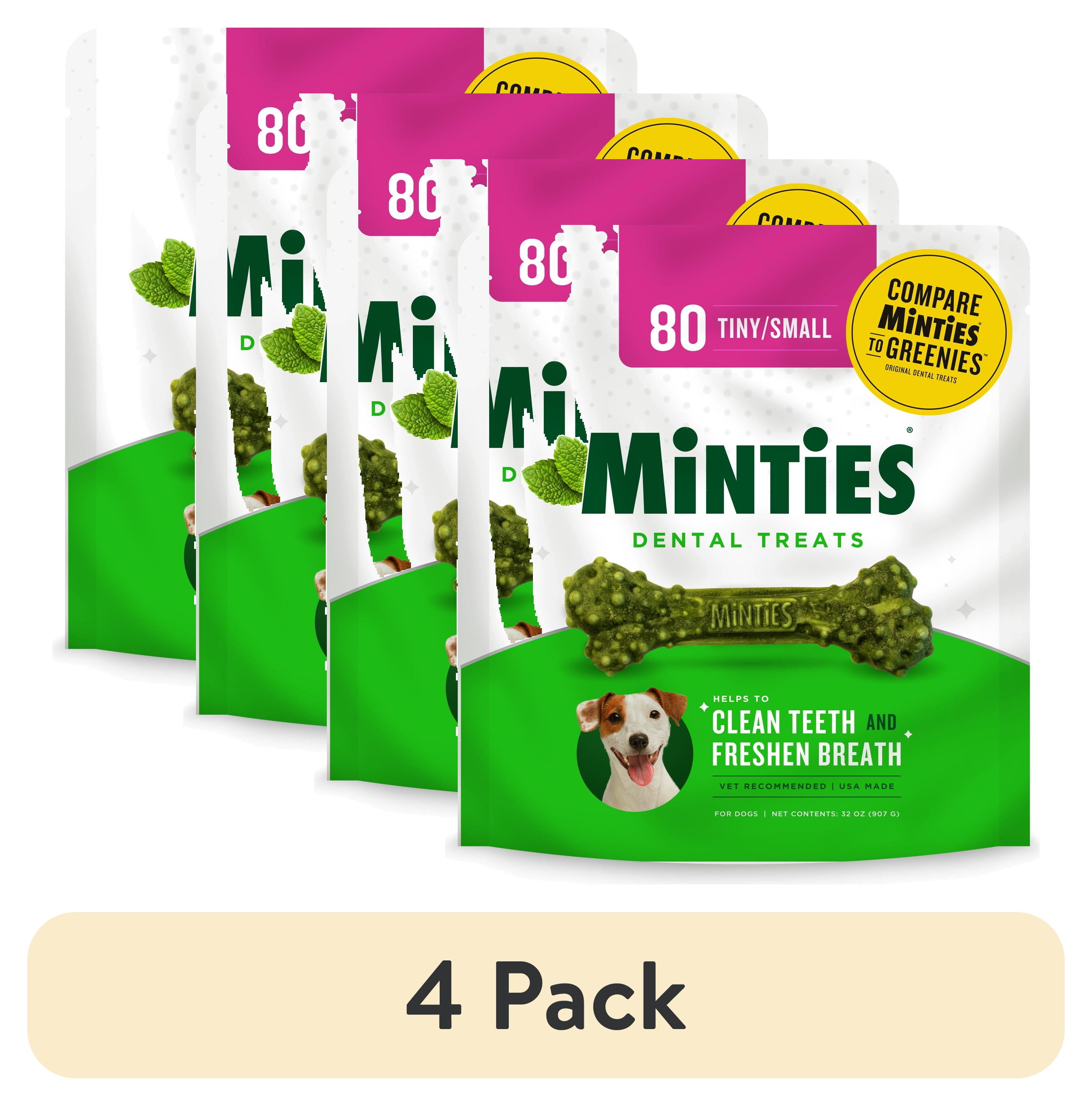 (4 pack) Minties Dental Bone Treats, Chews for Tiny/Small Dogs under 40 ...