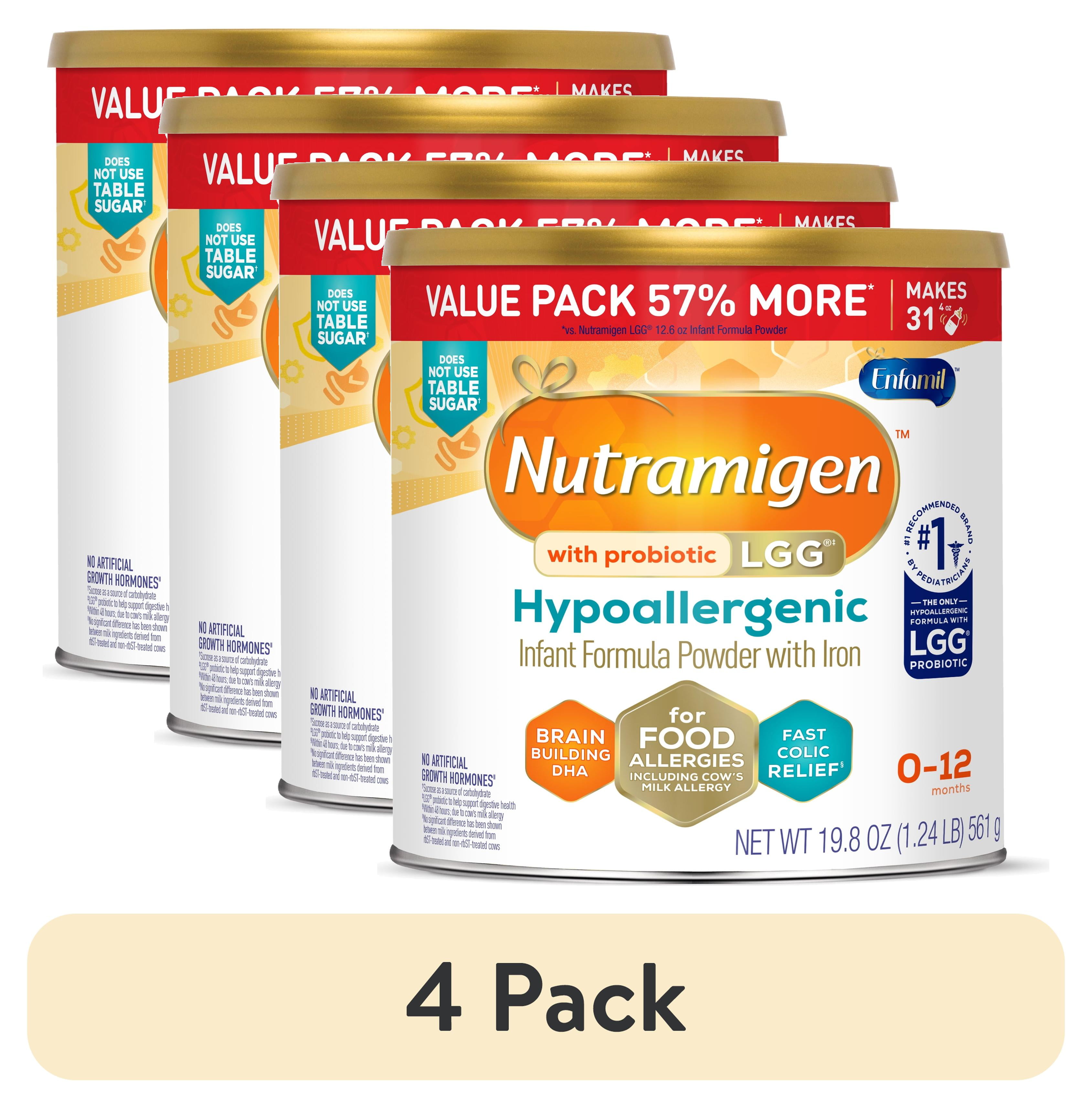 (4 pack) Nutramigen with Probiotic LGG Hypoallergenic Powder Baby Formula, 19.8 oz Can - Walmart.com