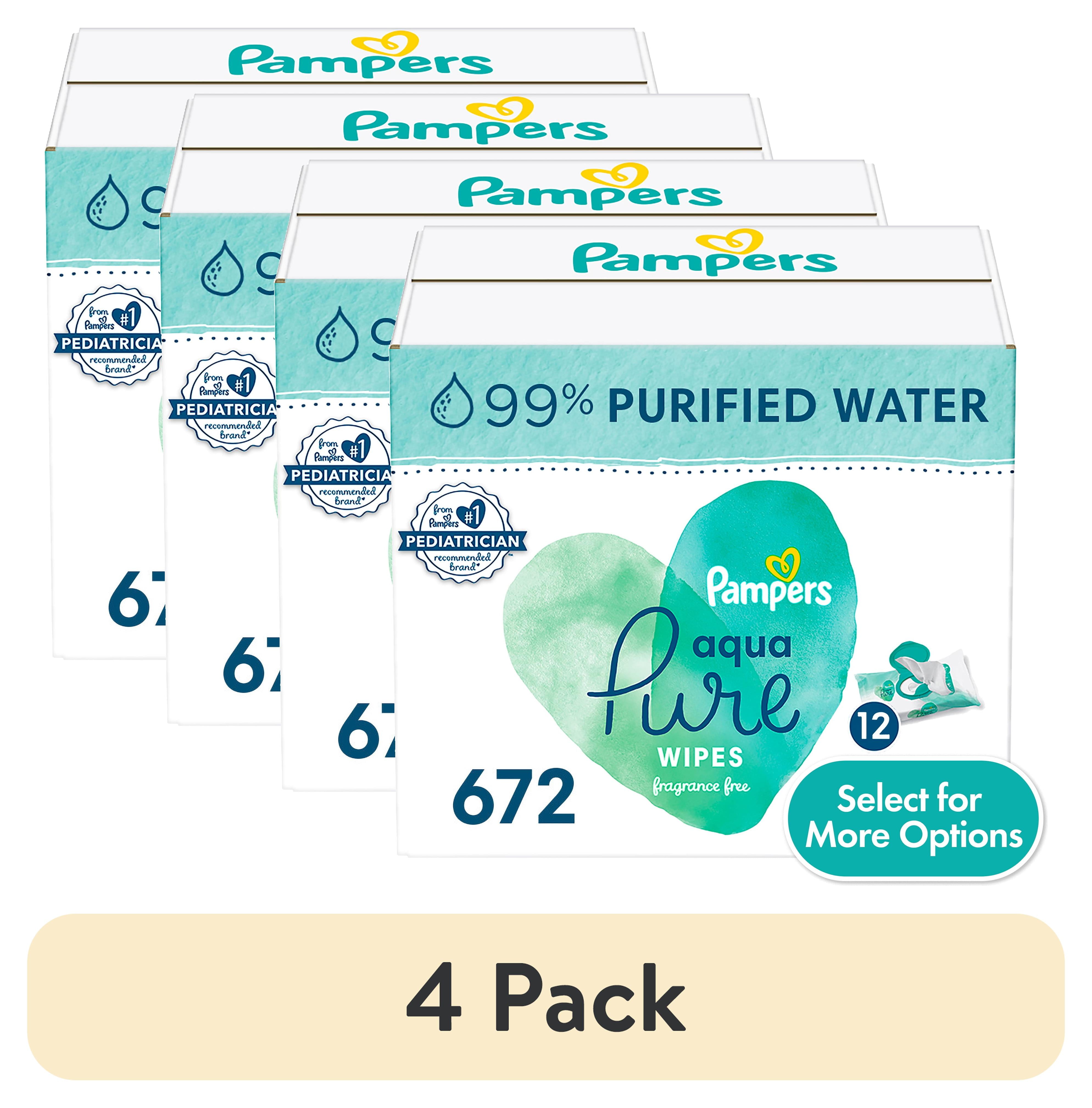 (4 pack) Pampers Aqua Pure Baby Wipes Unscented, 99% Water, 12 Pack, 672 Total Count (Select for ...