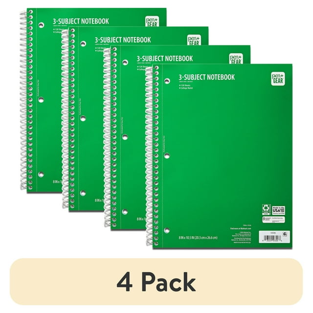 (4 pack) Pen + Gear College Ruled 3-Subject Notebook, 8" x 10.5", Green ...