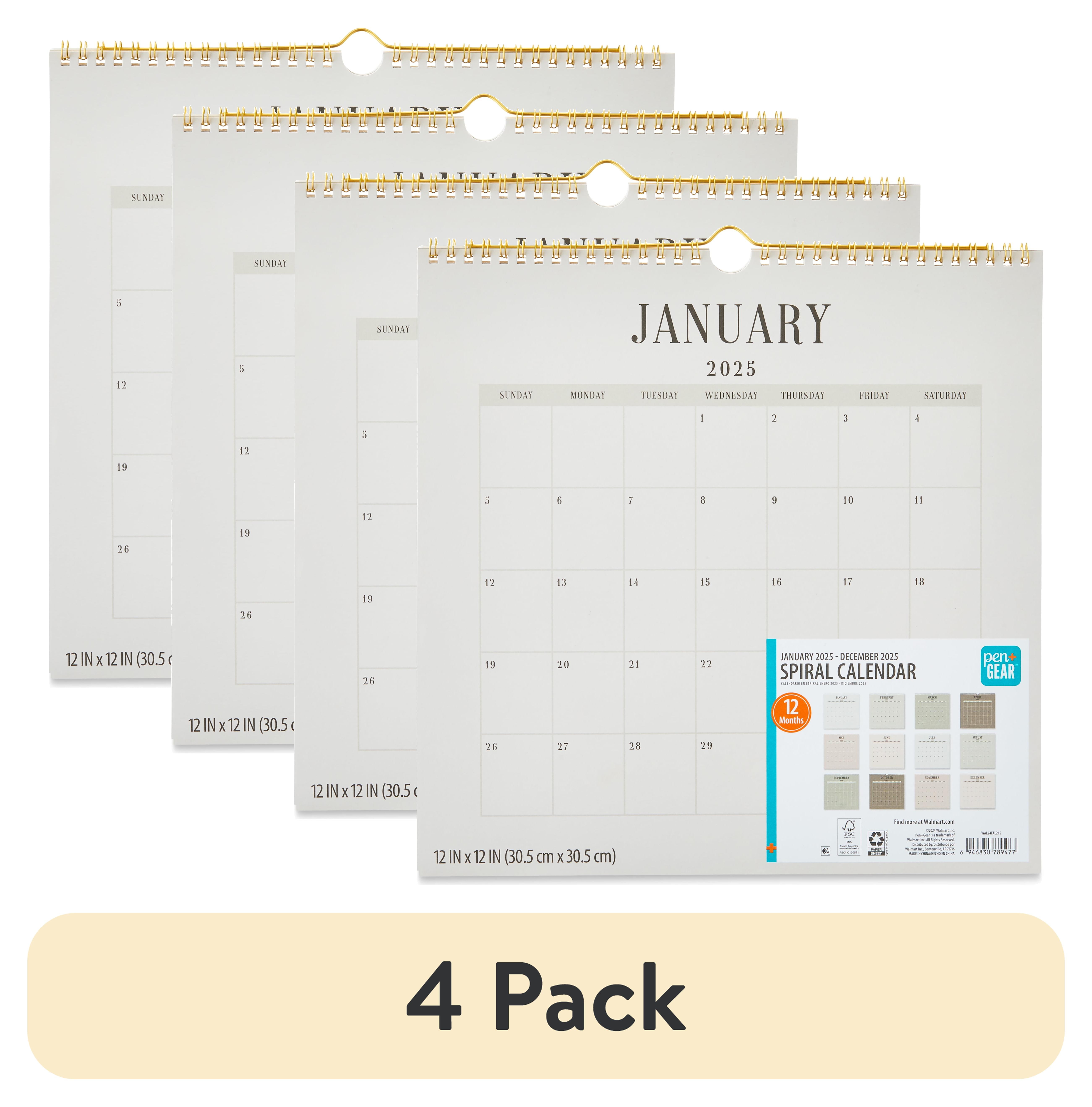 (4 pack) Pen+Gear January 2025-December 2025 12-Month Spiral Calendar ...