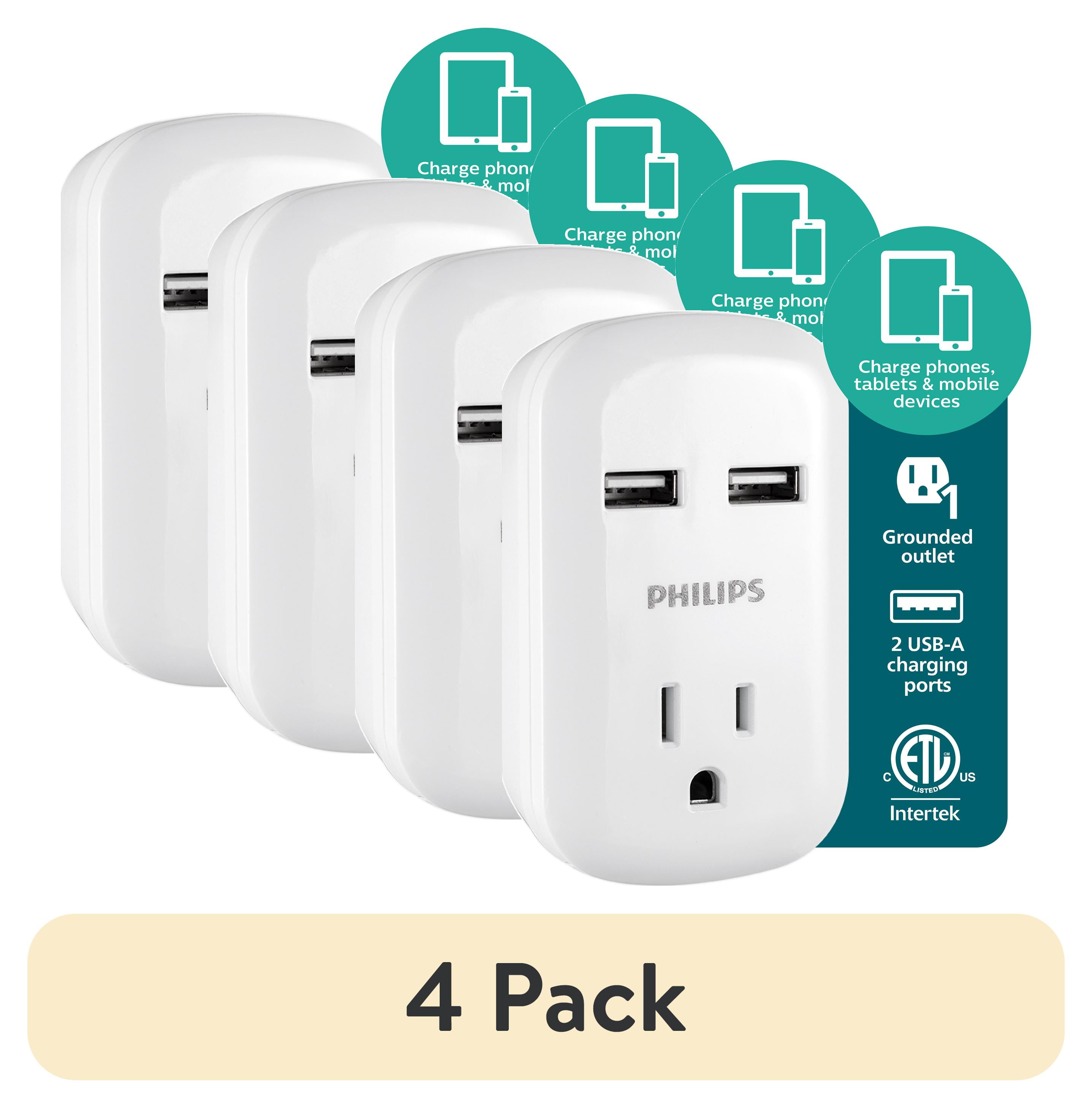 (4 pack) Philips 1 Outlet Wall Tap with 2 USB Ports, 15A/125VAC/1875W ...