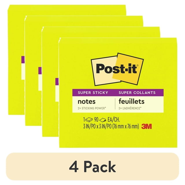 (4 pack) Post-it Super Sticky Notes, 3 in x 3 in, Bright Green, 1 Pad ...