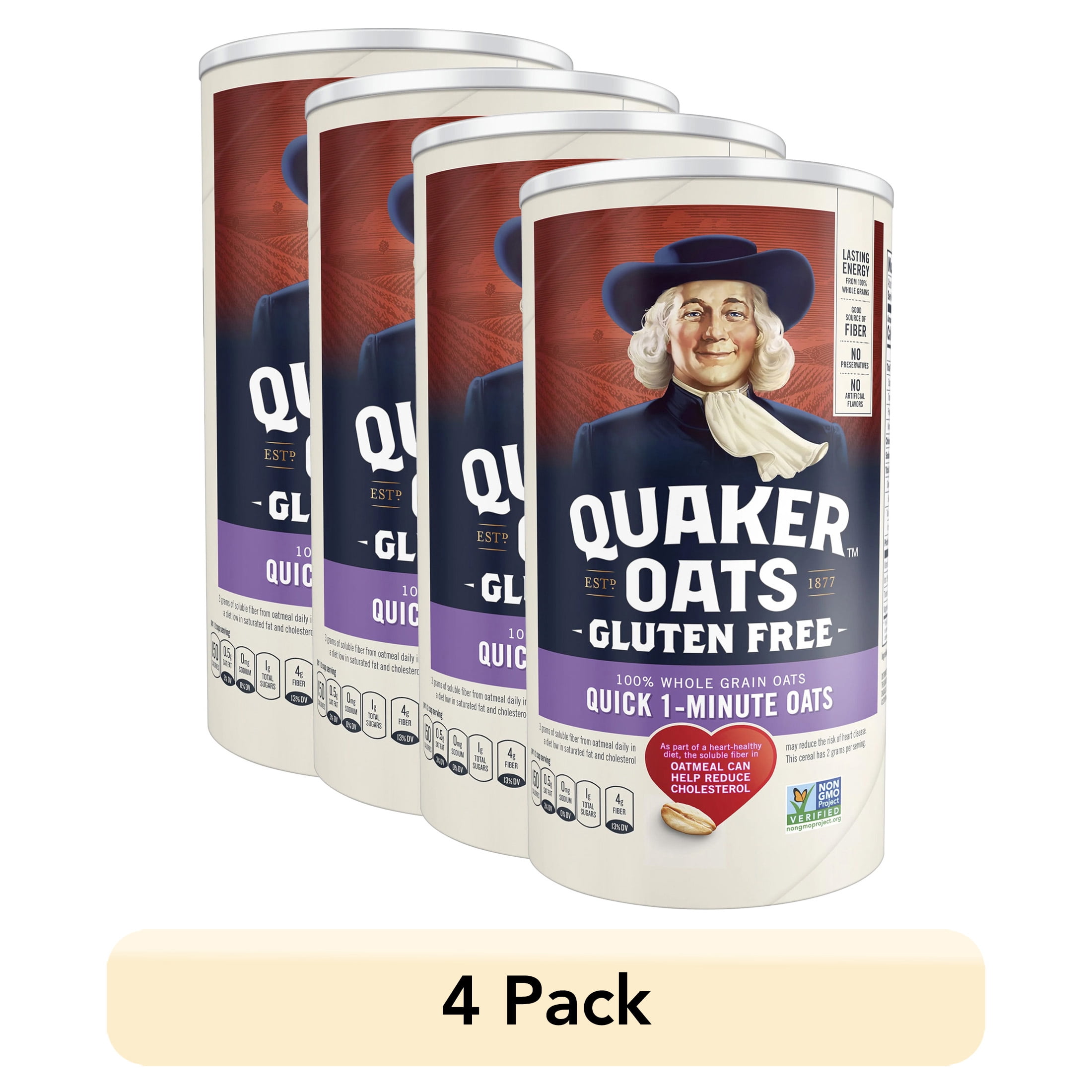 (4 pack) Quaker Quick 1-Minute Oats, Gluten Free, 18 oz Canister ...