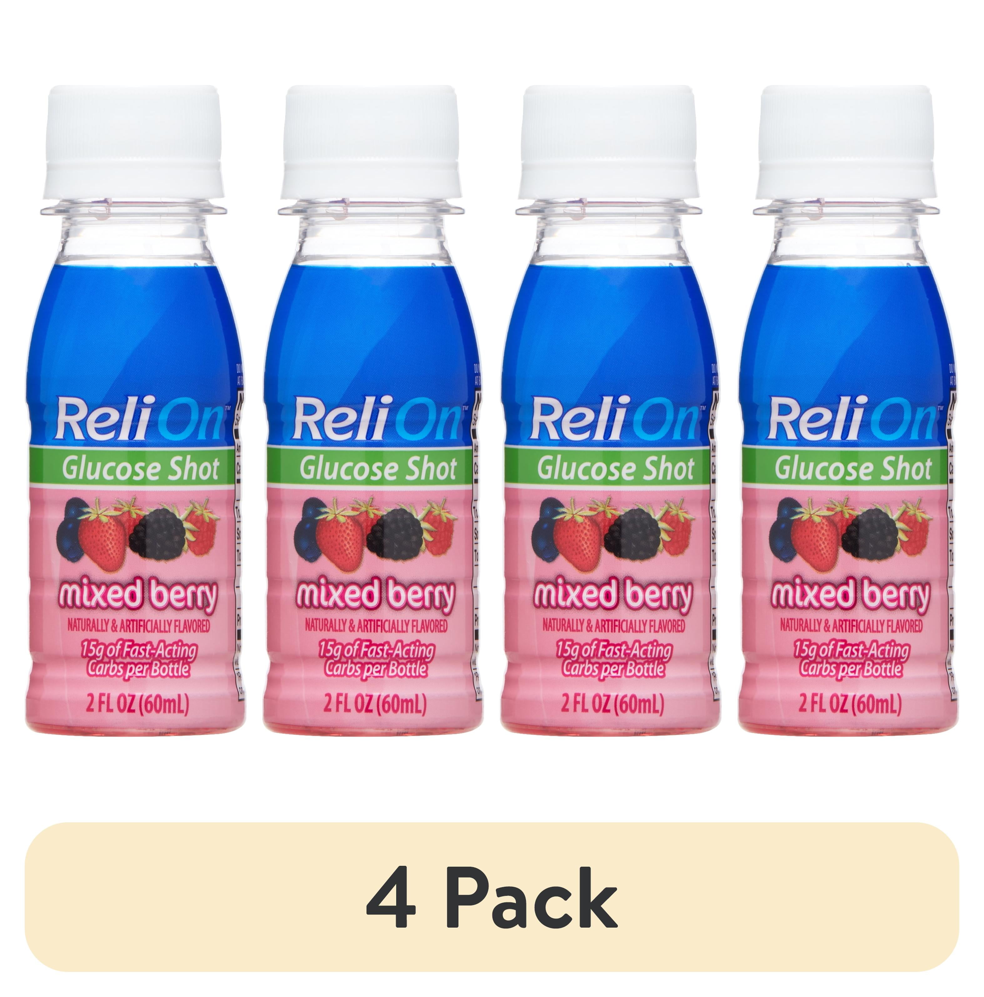 (4 pack) ReliOn Glucose Shot, Mixed Berry, 2 fl oz.; 15g of Fast-Acting ...