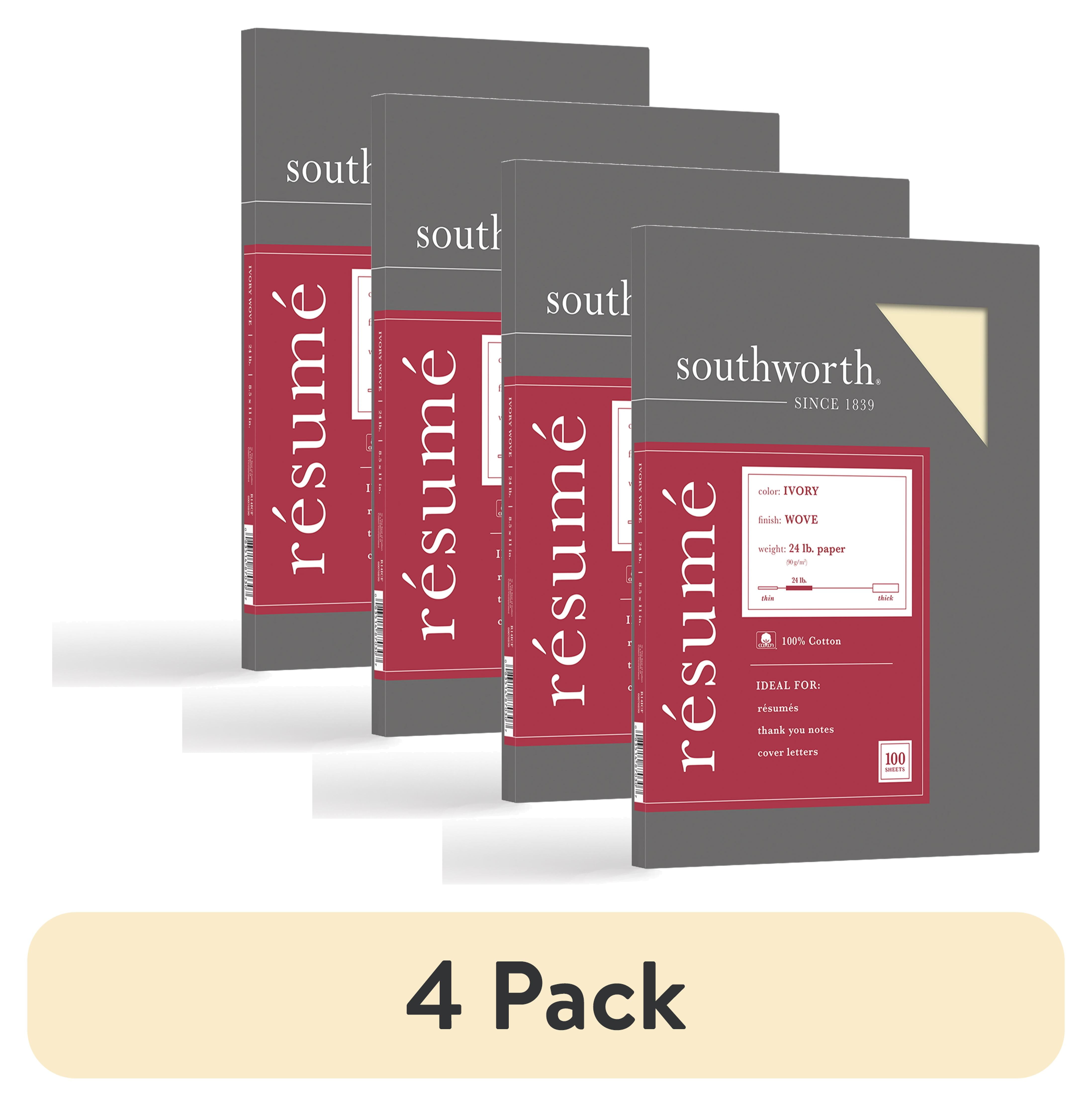 (4 pack) Southworth 100% Cotton Resume Paper, 24 lb, 8.5 x 11, Ivory ...