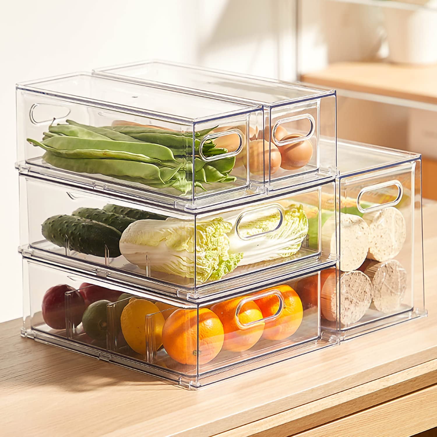 4 pack Stackable Fridge Drawers Pull-Out Bins Divided Produce Saver ...