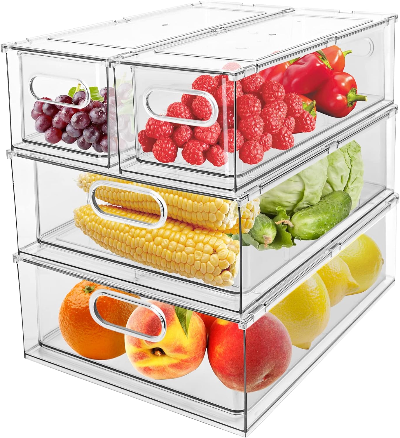 Stackable Refrigerator Drawers Pull Out Bins Double Layer Fridge