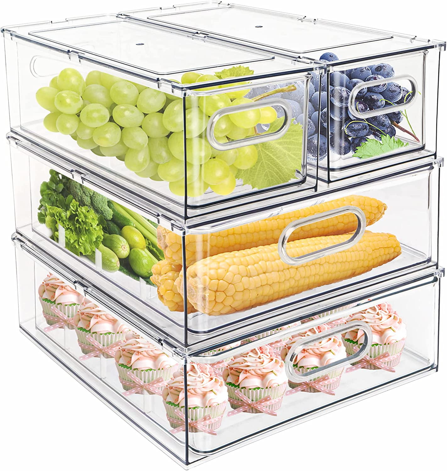 4 pack Stackable Refrigerator Organizer Bins Pull-Out Drawers for Fruit and Veggies Storage ...