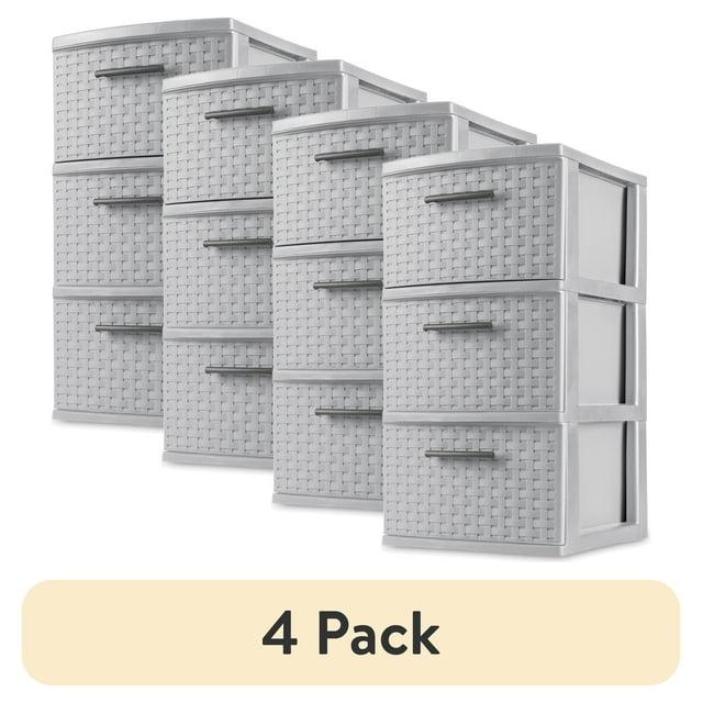(4 pack) Sterilite 3 Drawer Tower, Slim Plastic Weave 3 Drawer Tower ...