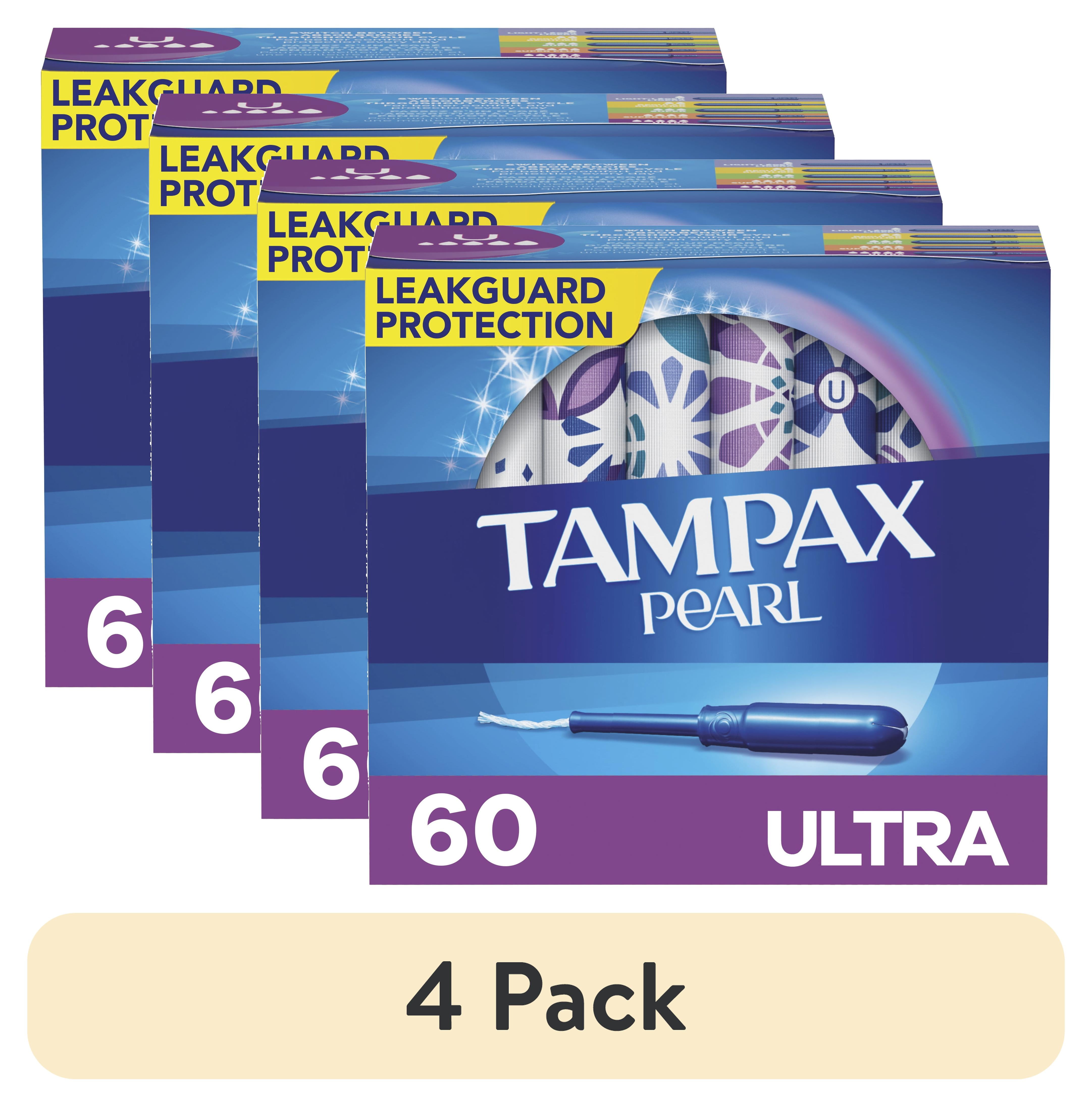 (4 pack) Tampax Pearl Tampons with LeakGuard Braid, Ultra Absorbency ...