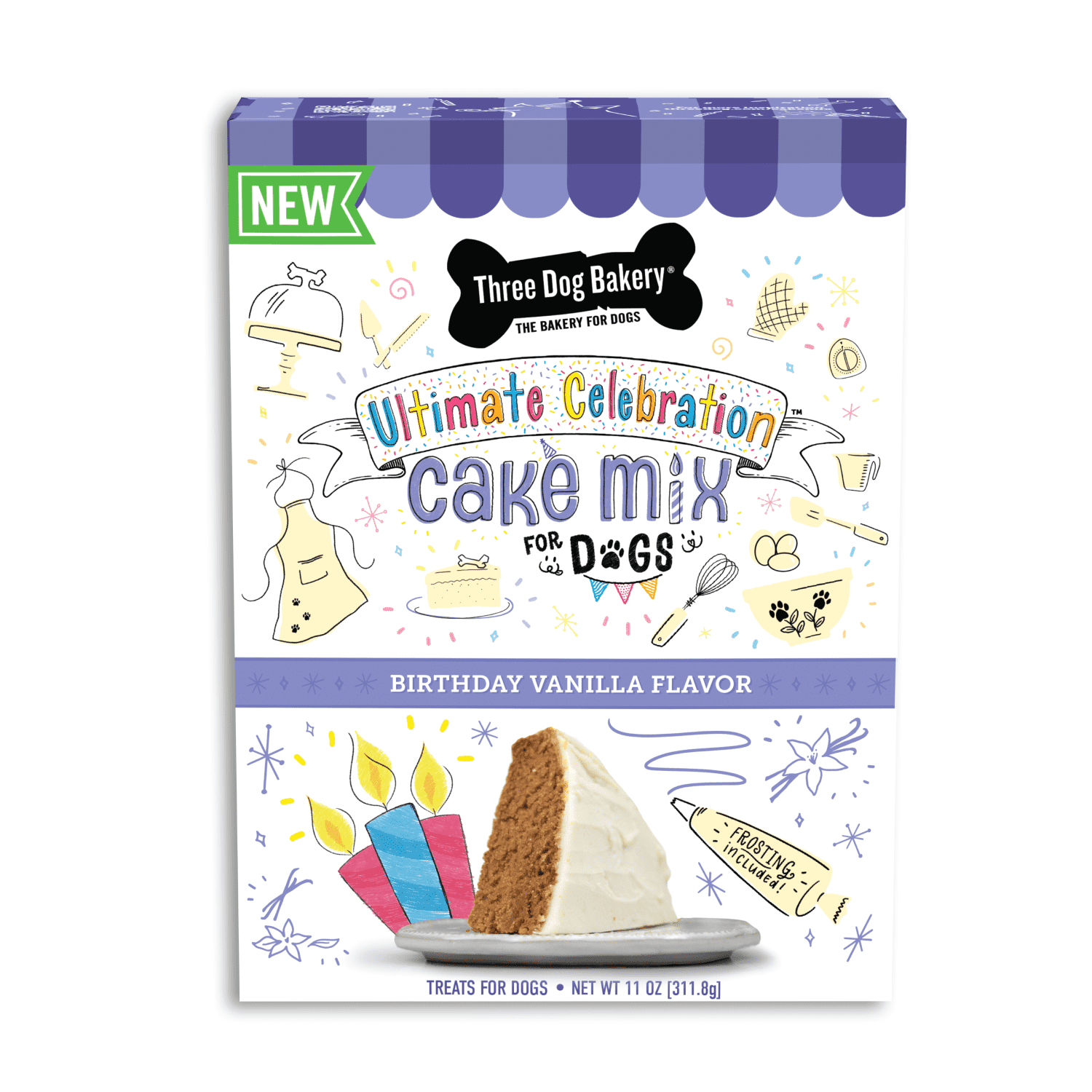 (4 pack) Three Dog Bakery Birthday Cake Mix, Vanilla Soft Treat for ...