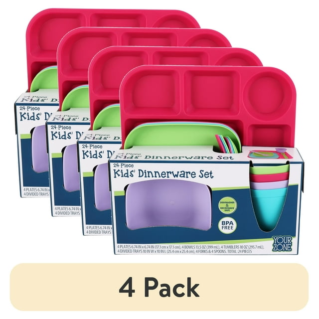 Your Zone Kids 24-Piece BPA-Free Plastic Dinnerware Set, Microwave Safe ...