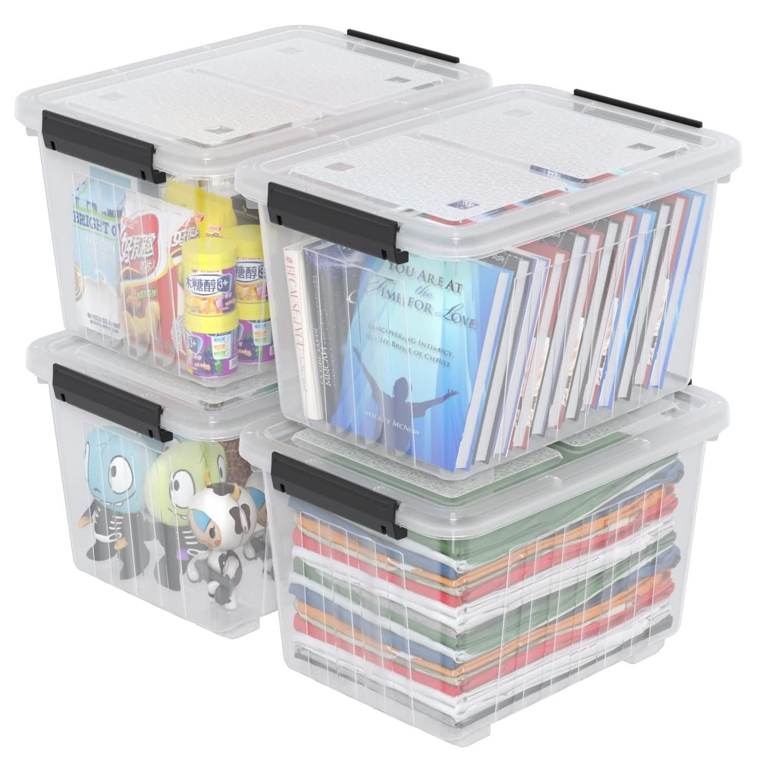 4-packs 30 Liters Latching Bins with Lids and Wheels, Large Plastic ...