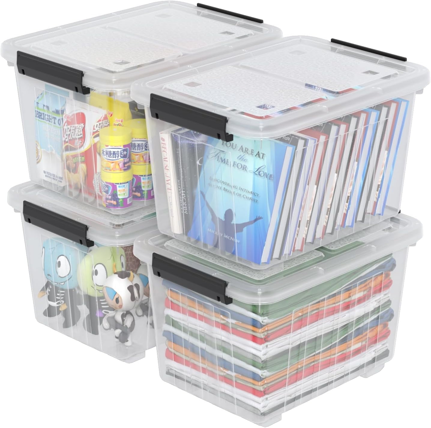 4-packs 30 Liters Latching Bins with Lids and Wheels, Large Plastic ...