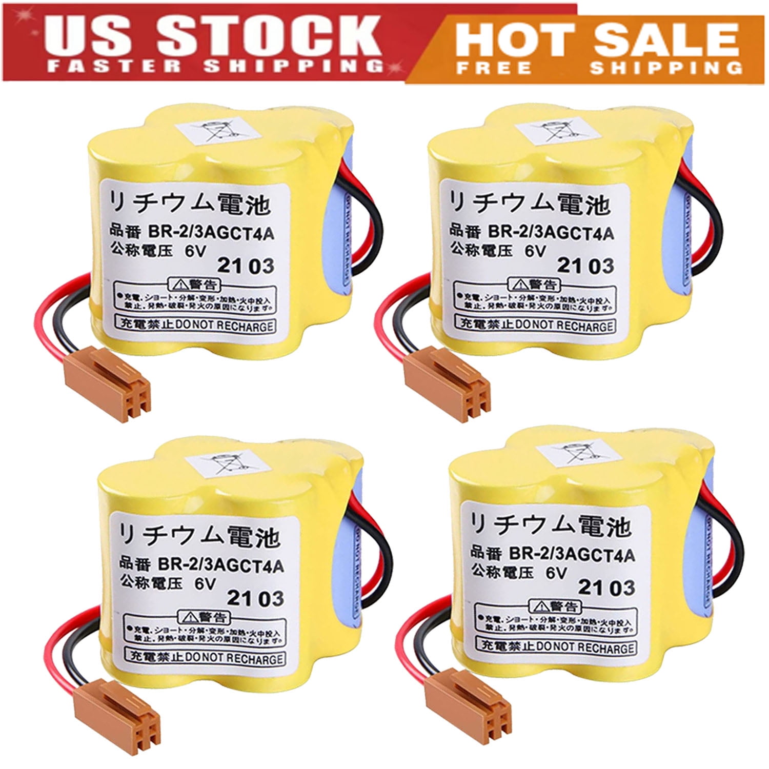 4-packs BR-2/3AGCT4A 6V 4400mAh Replacement Lithium Battery with Brown Plug for FANUC Controls ...
