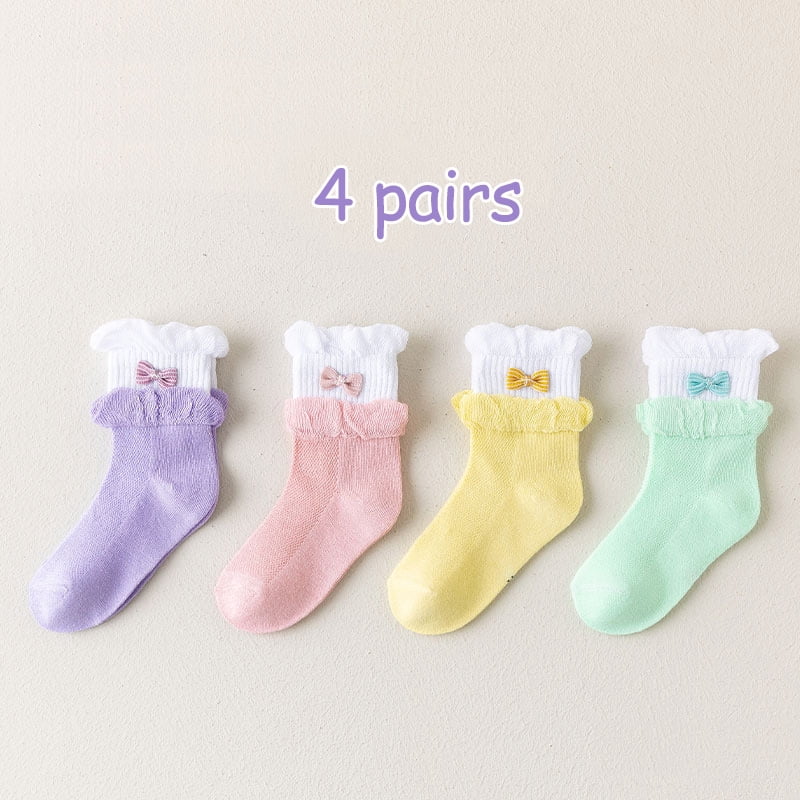 4 pairs of children's socks Girls' mid-tube socks Double ribbed lace ...