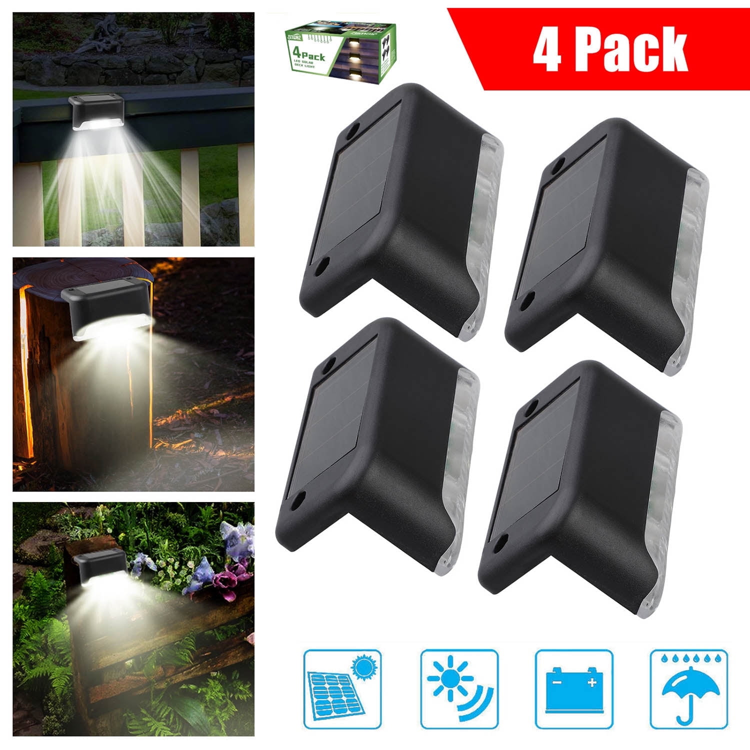 Lightsmax 4 Pc Outdoor Solar LED Step Lights for Fence, Deck, White ...
