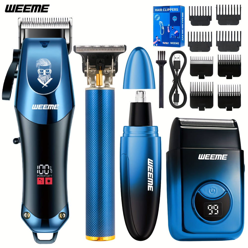 4-pc wireless hair kit—USB lithium clipper, nose trimmer, shaver, blue ...