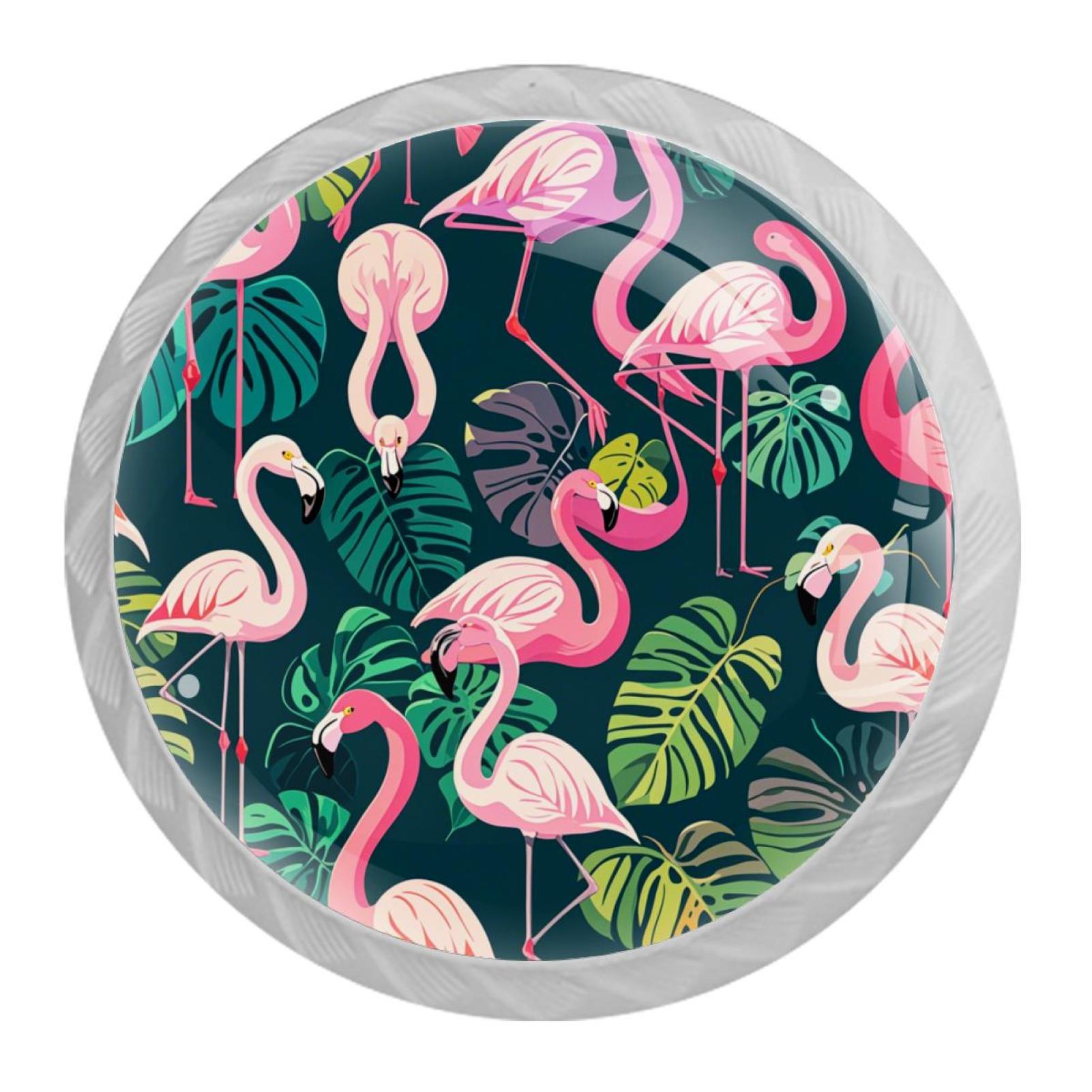 4 pcs Cabinet Knobs with Flamingos Monstera Deliciosa Pattern Cabinet ...