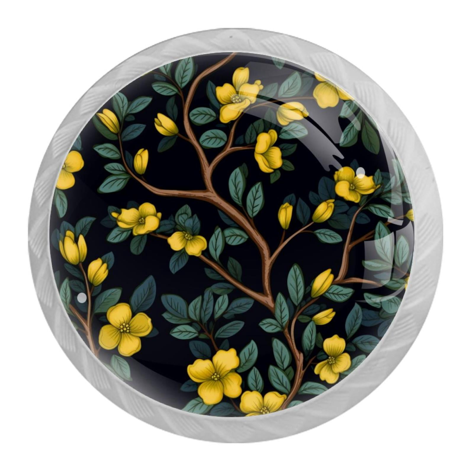 4 pcs Cabinet Knobs with Tree Branch Flowers Yellow Cabinet Pull Handle ...