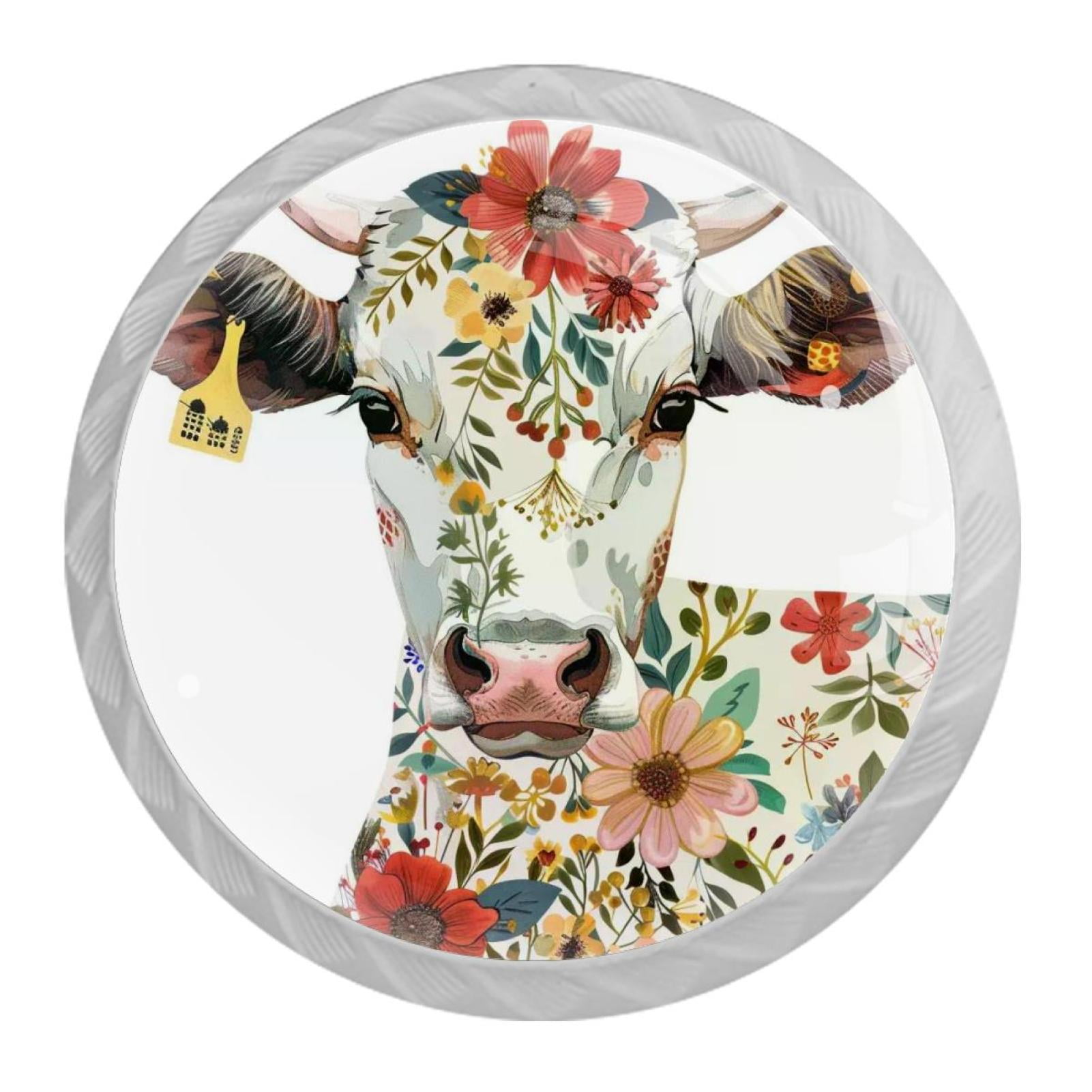 4 pcs Cabinet Knobs with Cow Floral Painted Cabinet Pull Handle ...