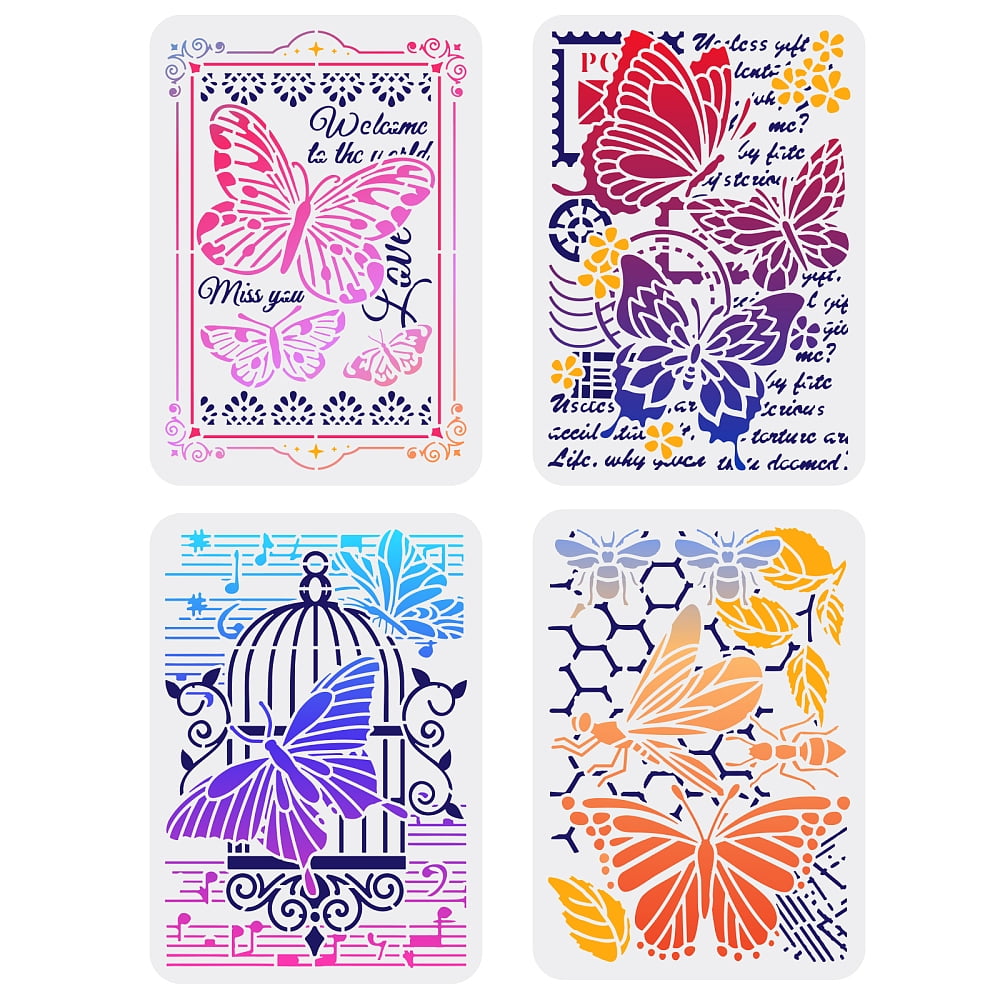 4 pcs French Postal Stencil 8.3x11.7inch Reusable Butterfly Dragonflies ...