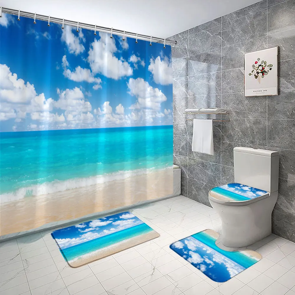 4 pcs Seaside Beach Shower Curtain Rug Set Blue Sky Ocean Coconut Tree ...