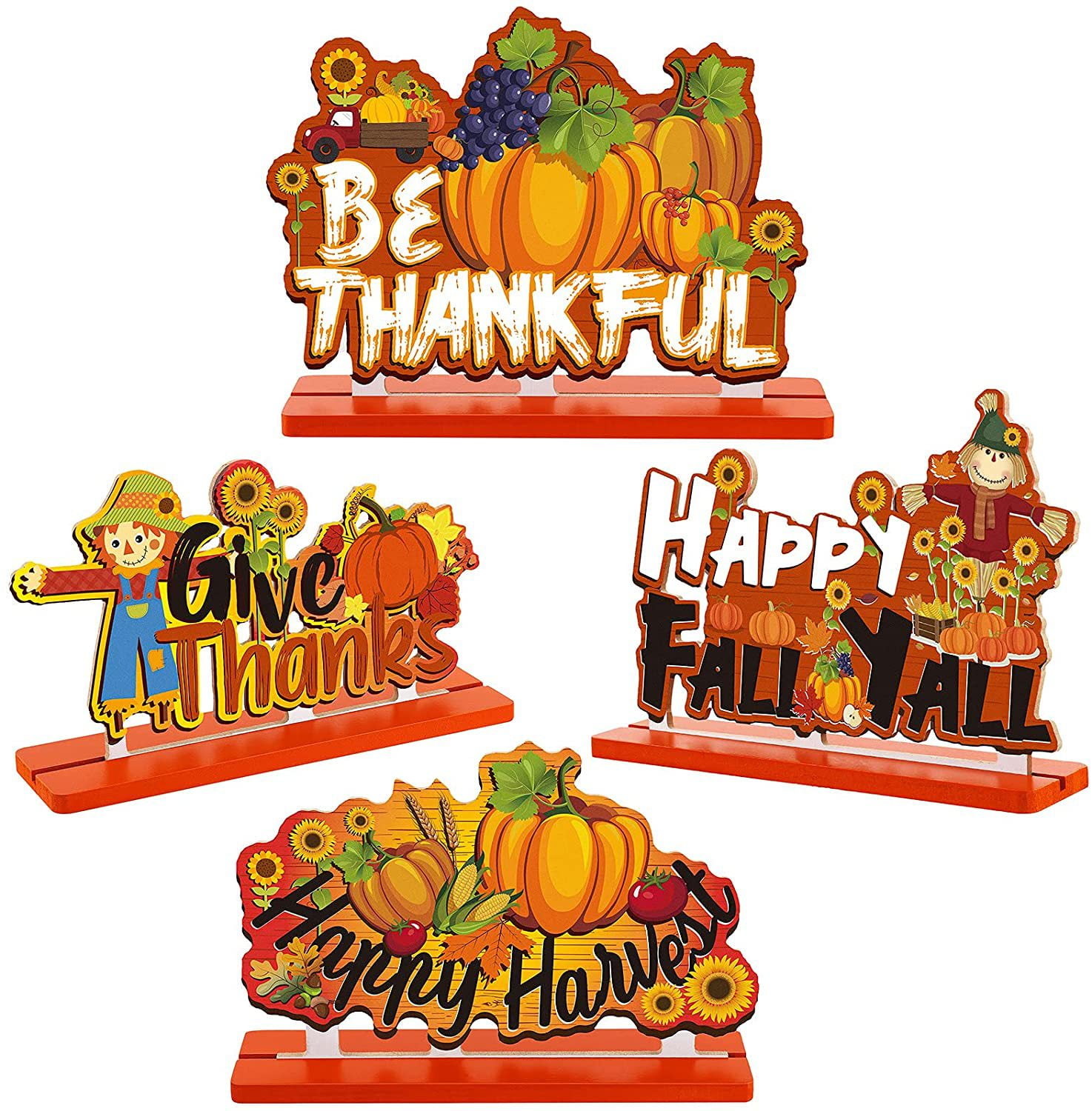 4 pcs Thanksgiving Table Centerpieces Wood Fall Happy Harvest Tabletop ...