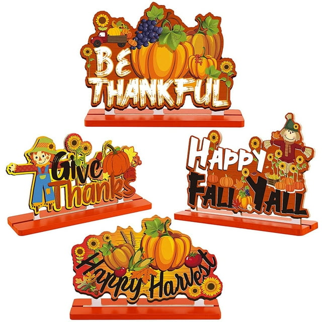 4 pcs Thanksgiving Table Centerpieces Wood Fall Happy Harvest Tabletop ...