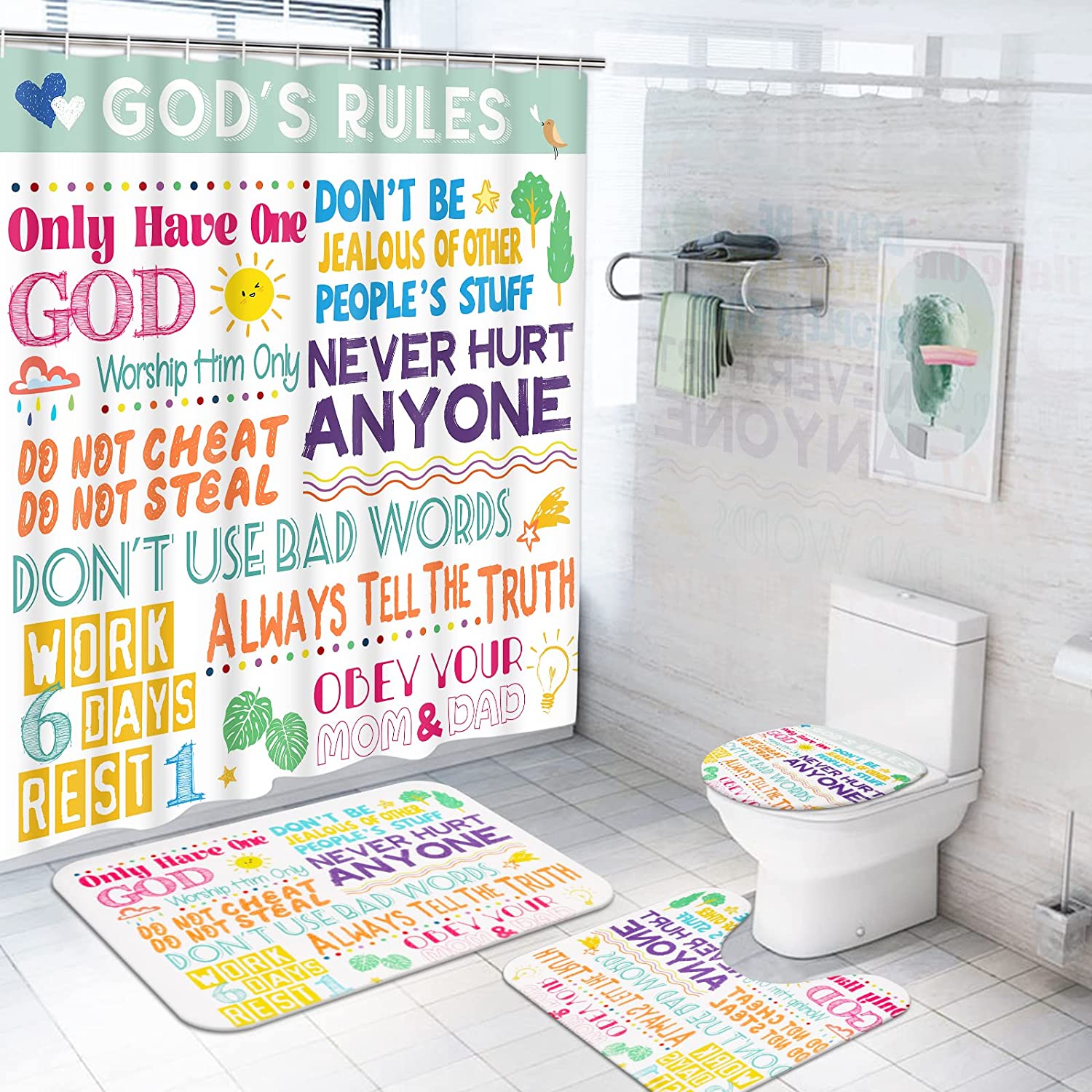 **4 pcs christian bible verse shower curtain sets with rugs, religious ...