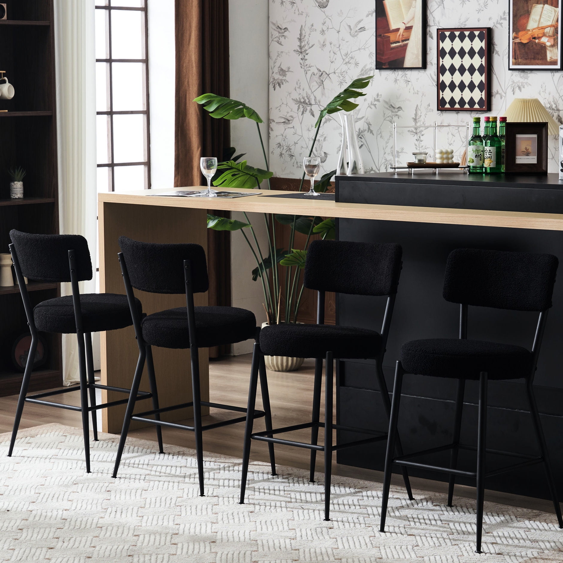 4-piece Black Metal Bar Stools with Cozy Teddy / Stable Seating in ...