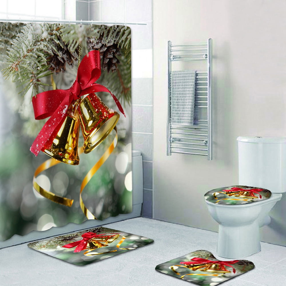 4-Piece Christmas Bathroom Set: Shower Curtain, Non-Slip Bath Mat ...