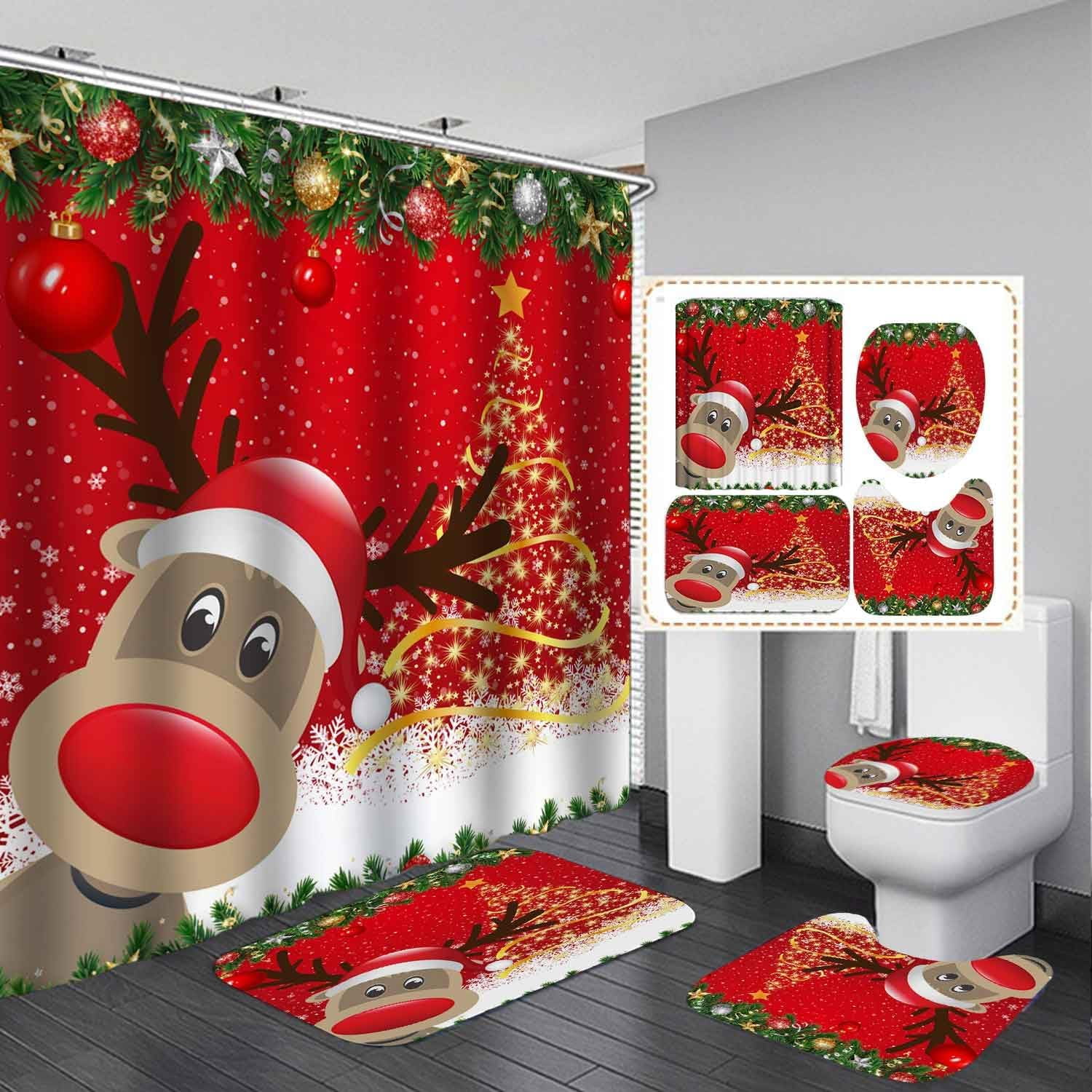 4-piece Christmas Shower Curtain Sets with Rugs, Waterproof Fabric ...