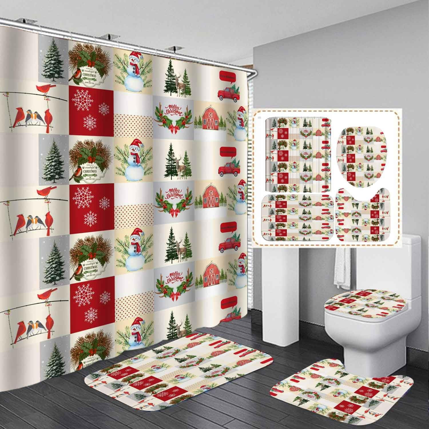4-piece Christmas Shower Curtain Sets with Rugs, Waterproof Fabric ...