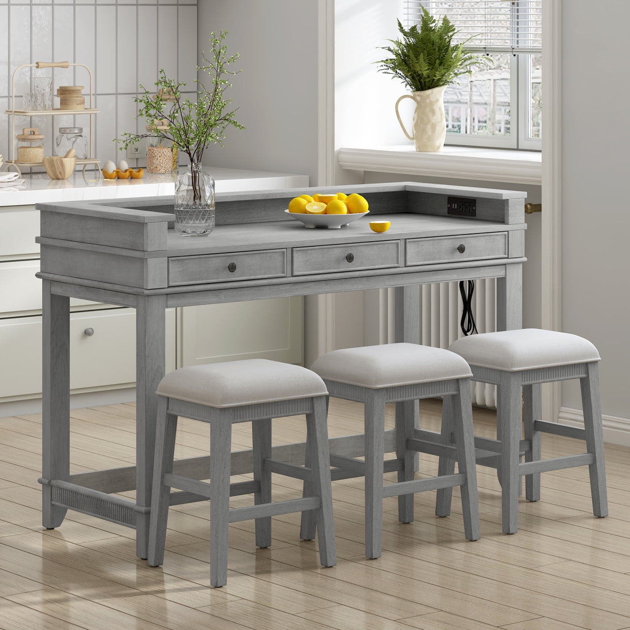 4-piece Counter Height Dining Bar Table Set with 3 Upholstered Stools ...