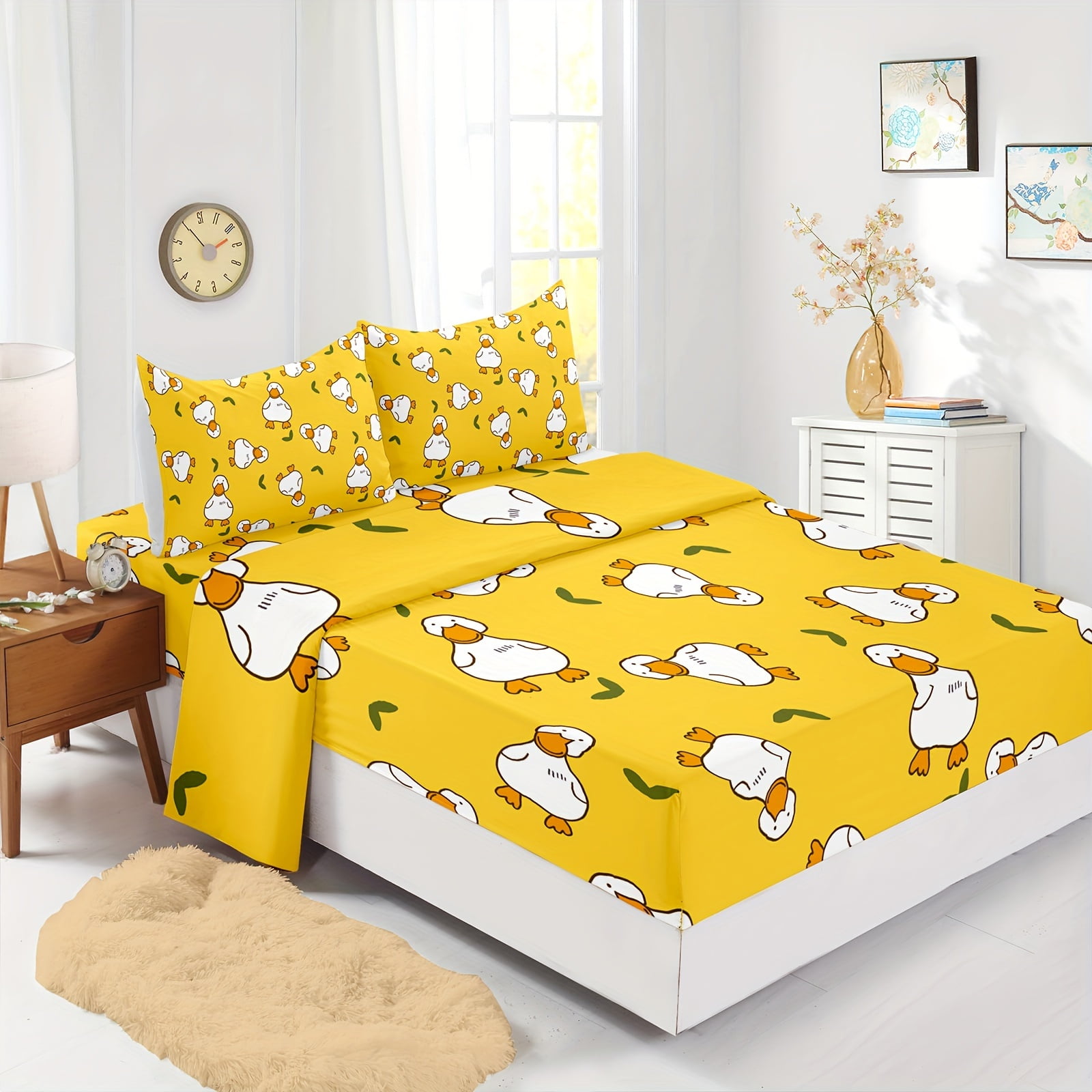 4-piece Cute Duck Sheet Set for Double Bed. Cartoon Duck Sheet Set with ...