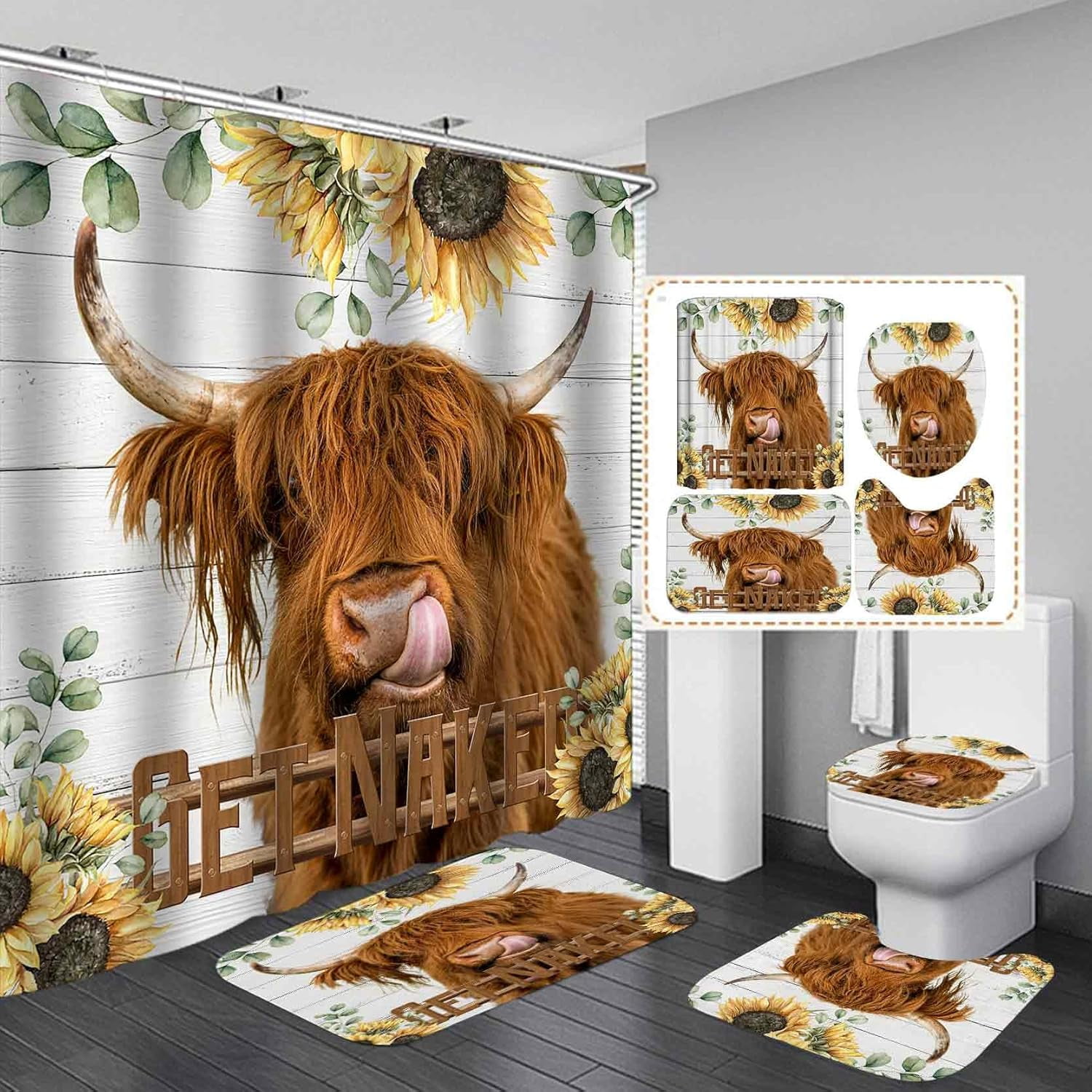 4PCS Highland Cow Shower Curtain Set, Sunflower American Flag Barn ...