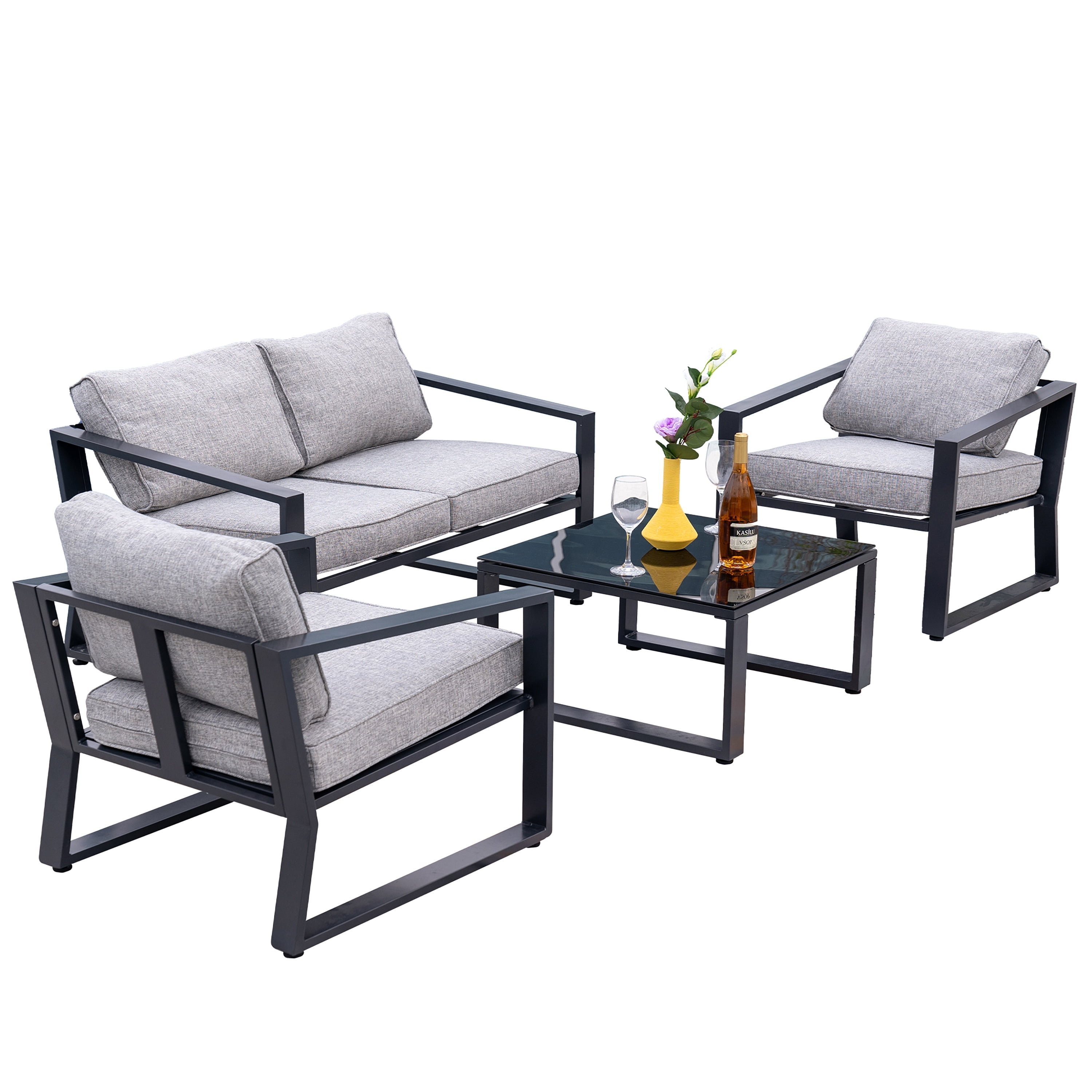 4-piece Patio Conversation Set with Coffee Table and Cushions Black ...