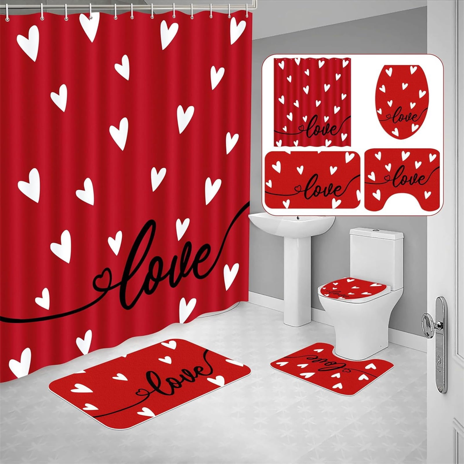 4-piece Valentine's Day shower curtain bathroom set red love Valentine ...