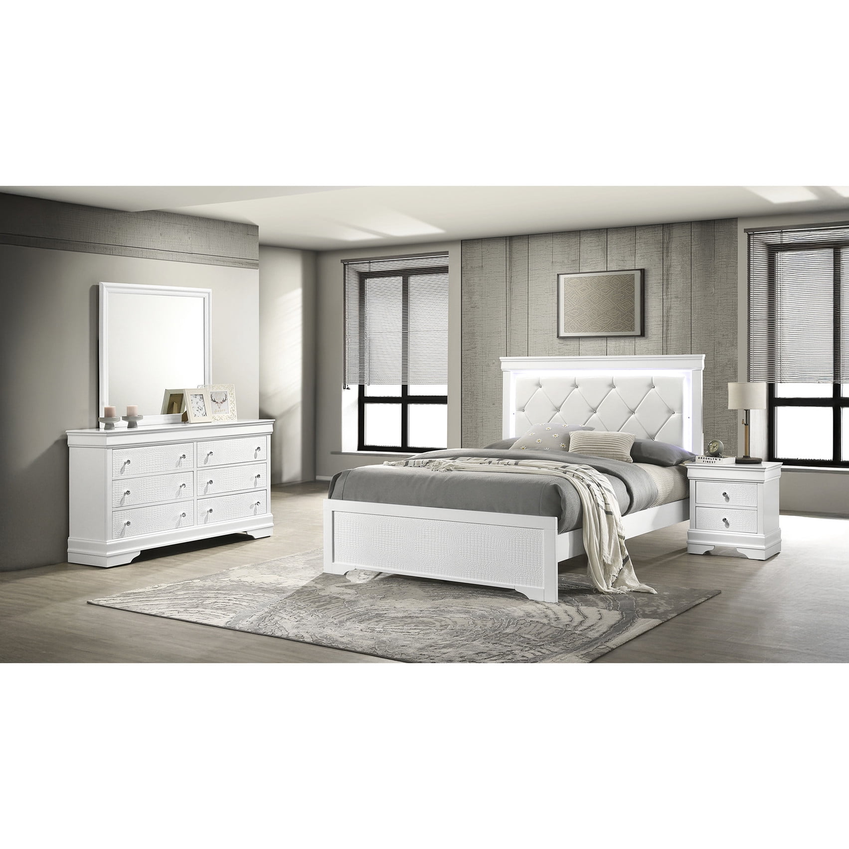 4-piece White Bedroom Set with Matching Textured Surfaces / Modern Look ...