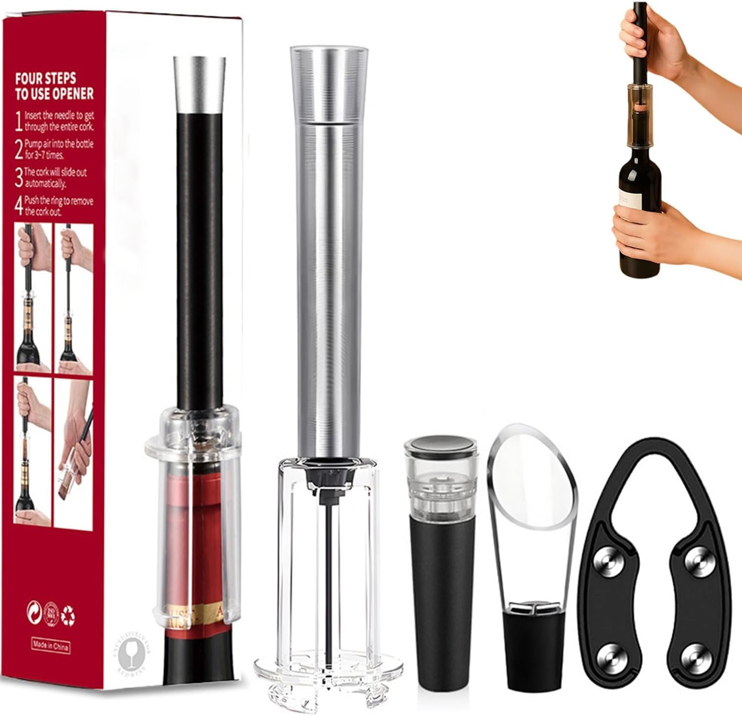 4-piece bottle opener gift box wine set with air pressure pump ...